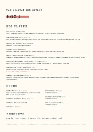 Our Menu — The Railway Inn Botley - Pub & Restaurant - Southampton