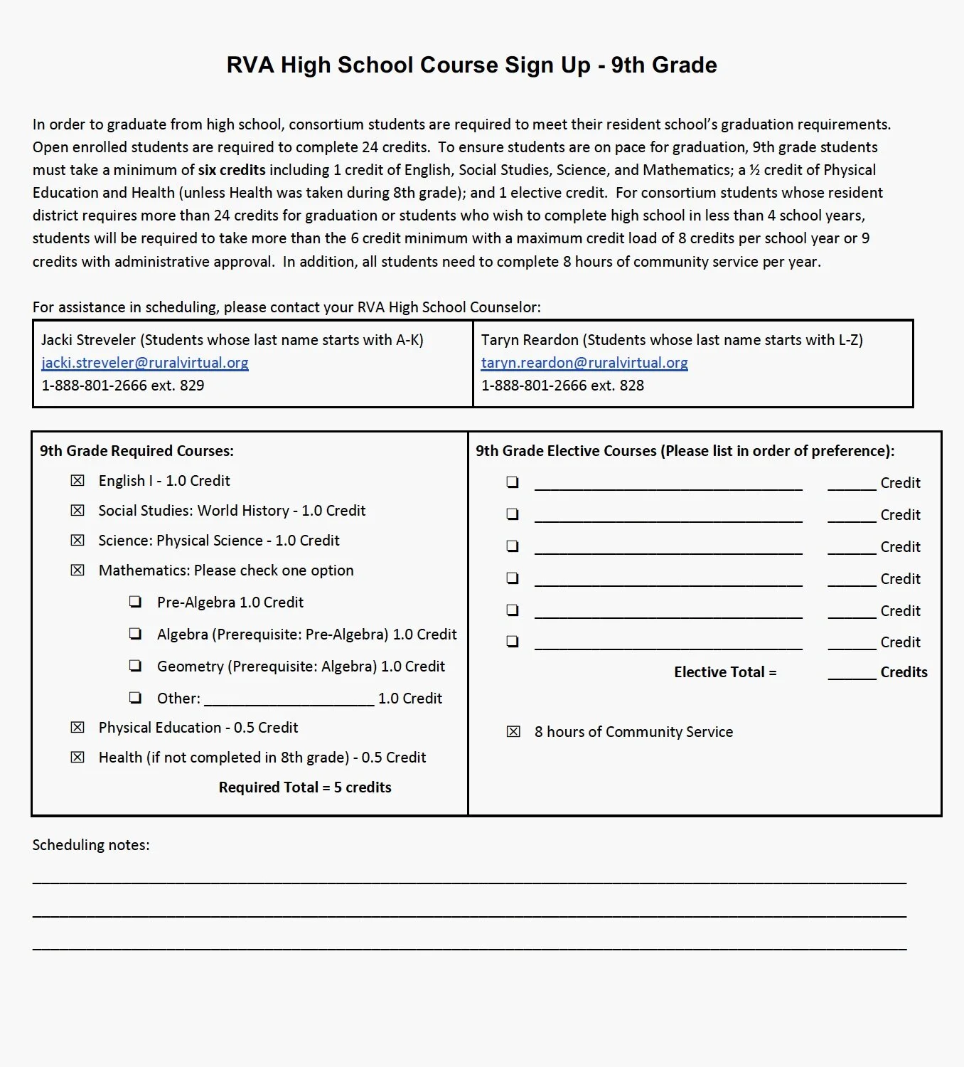 9th Grade Course Selection — Rural Virtual Academy