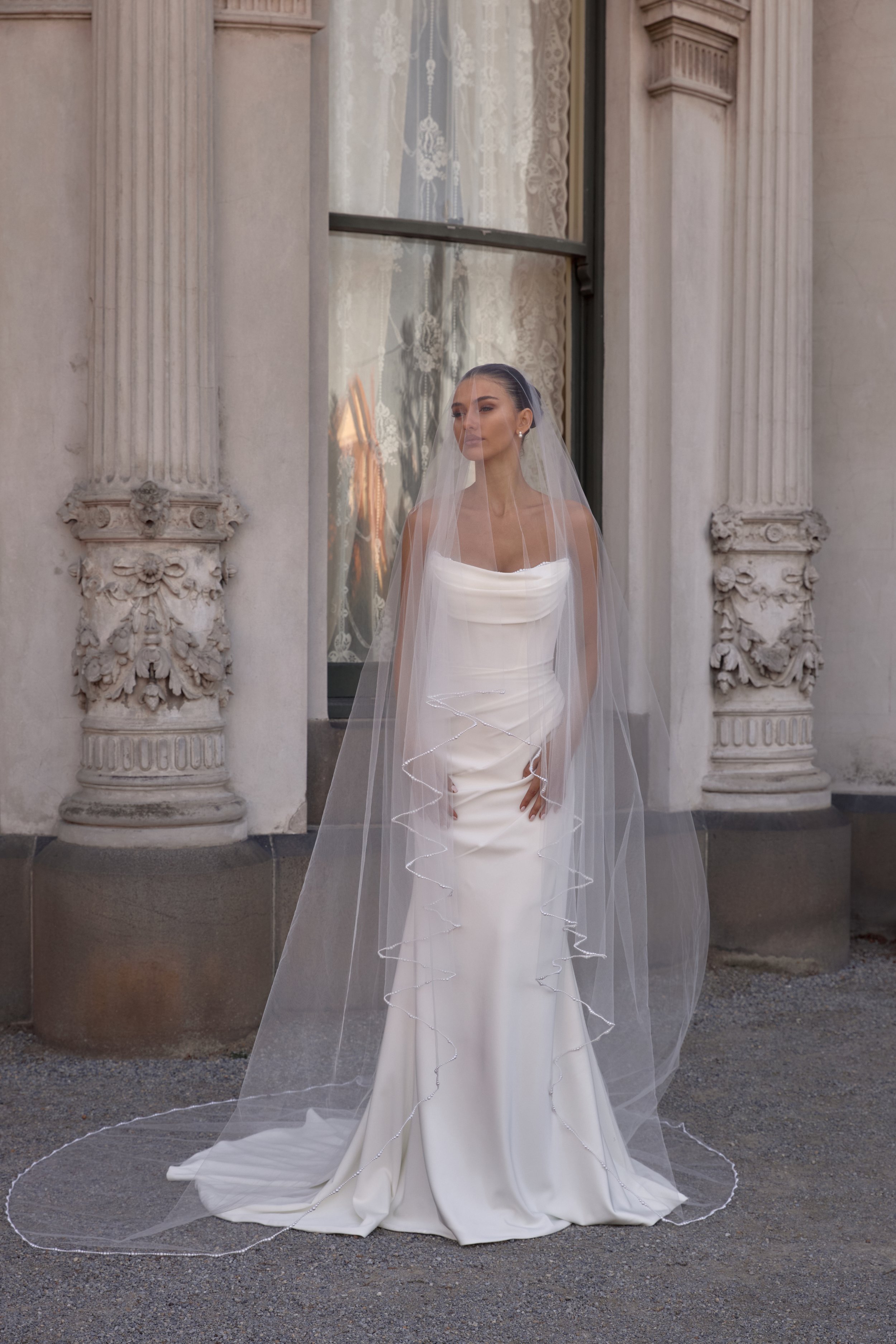 Cassandra Wedding Gown – Sculpted Bridal Dress with Pearl Trim & Draped ...