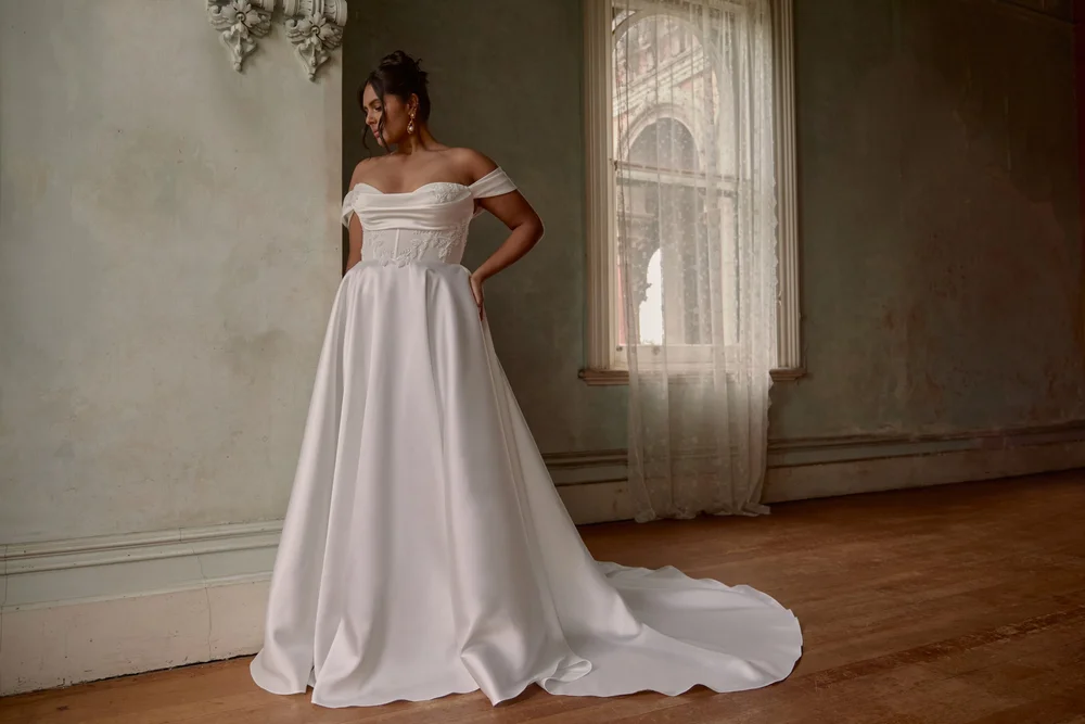 Alaska Wedding Dress – Sculpted Mikado Gown with Sheer Waist & Optional ...