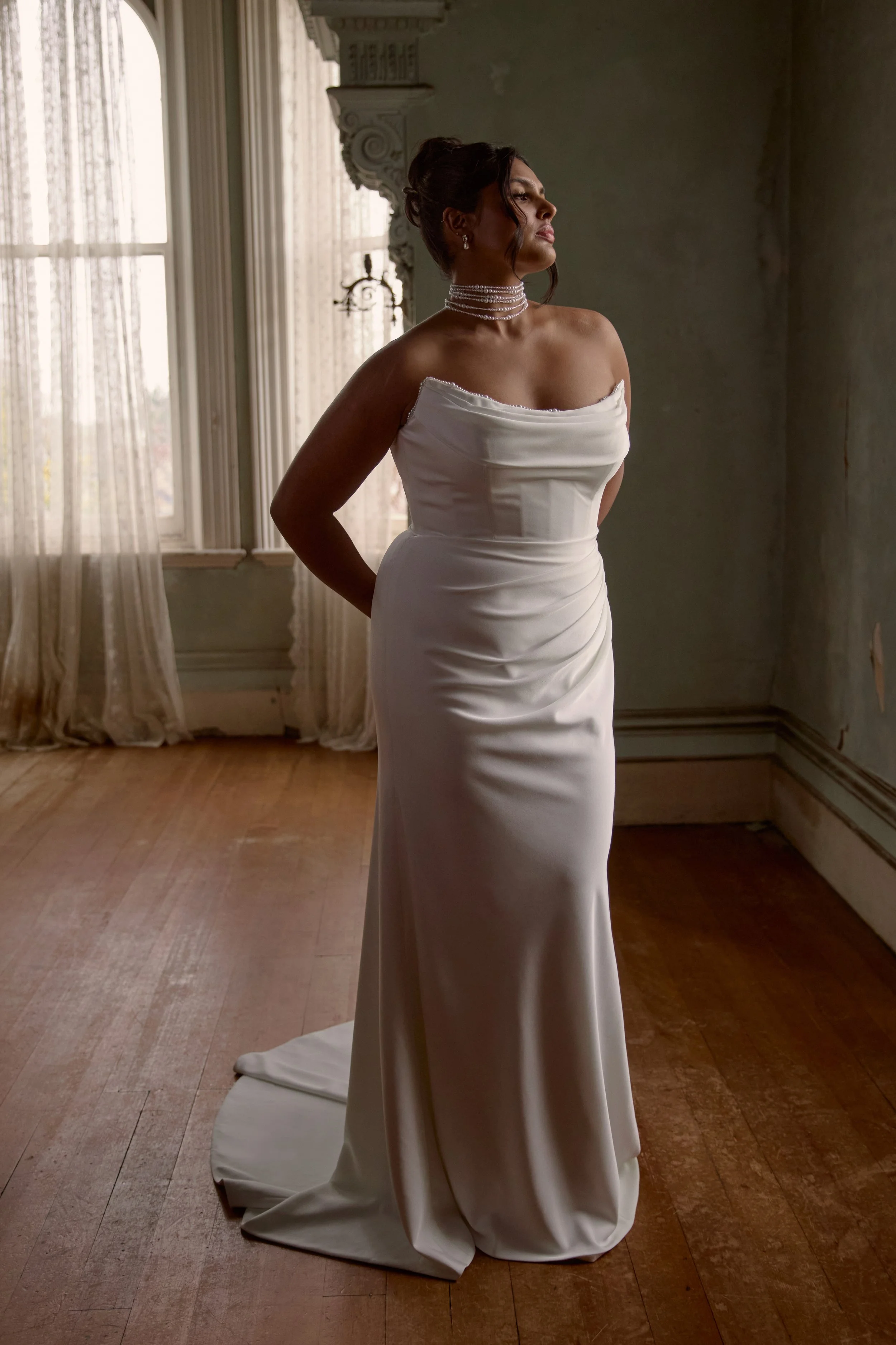 Cassandra Wedding Gown – Sculpted Bridal Dress with Pearl Trim & Draped ...