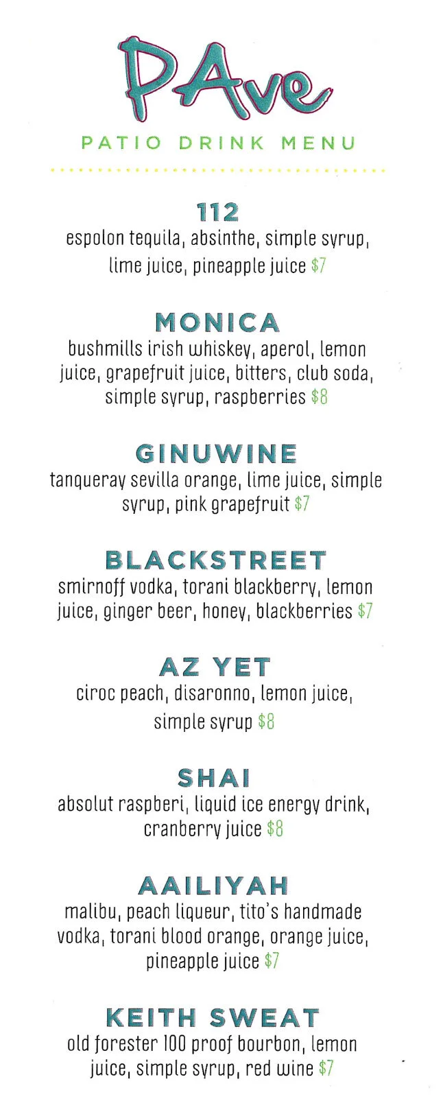 PAve - Patio Drink Menu