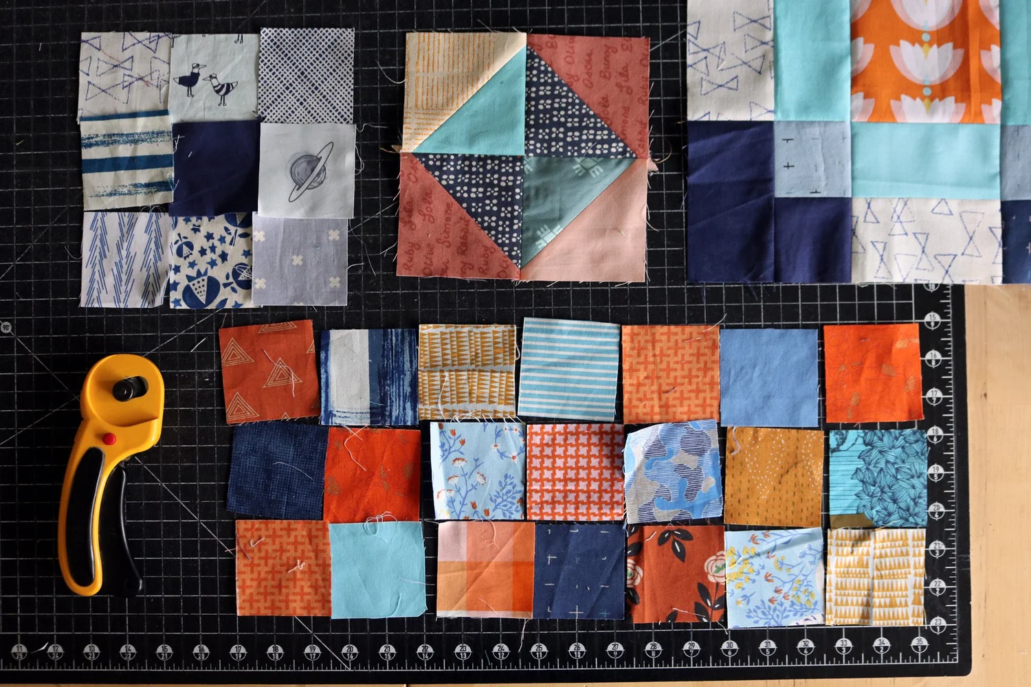 bee blocks in Orange and Blue — Stitched in Color