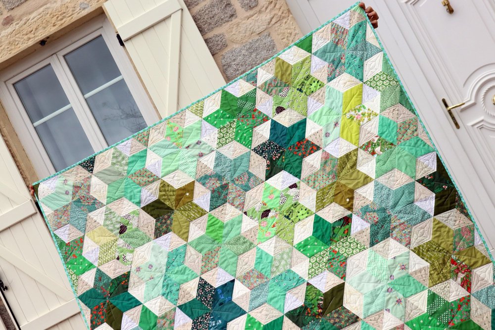 Green Starbright Stars, a finished quilt — Stitched in Color