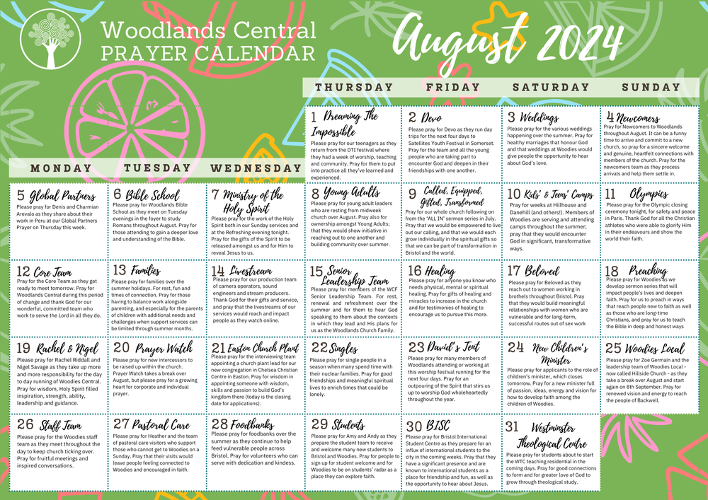 August Prayer Calendar — Woodlands Church