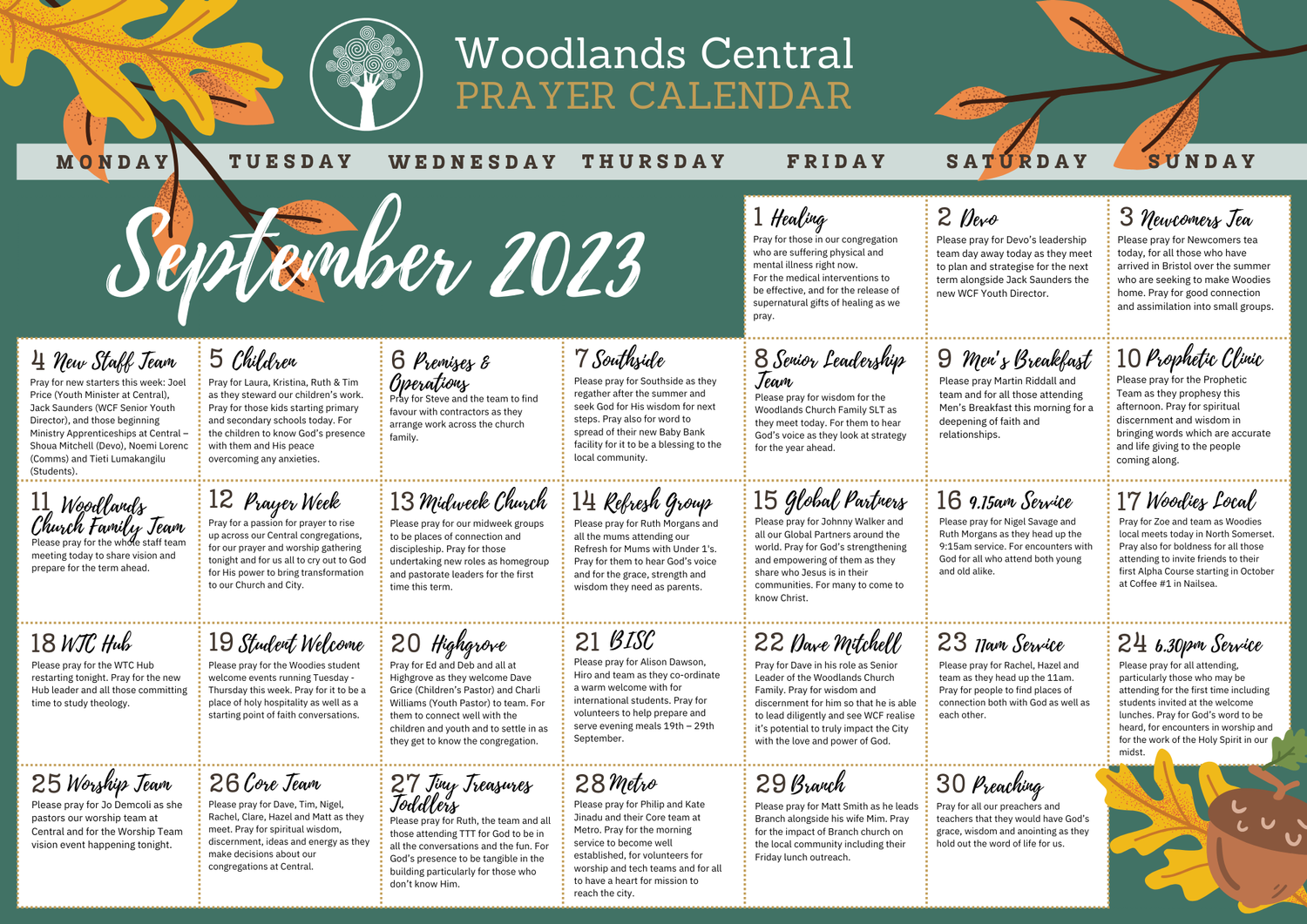 September Prayer Calendar — Woodlands Church