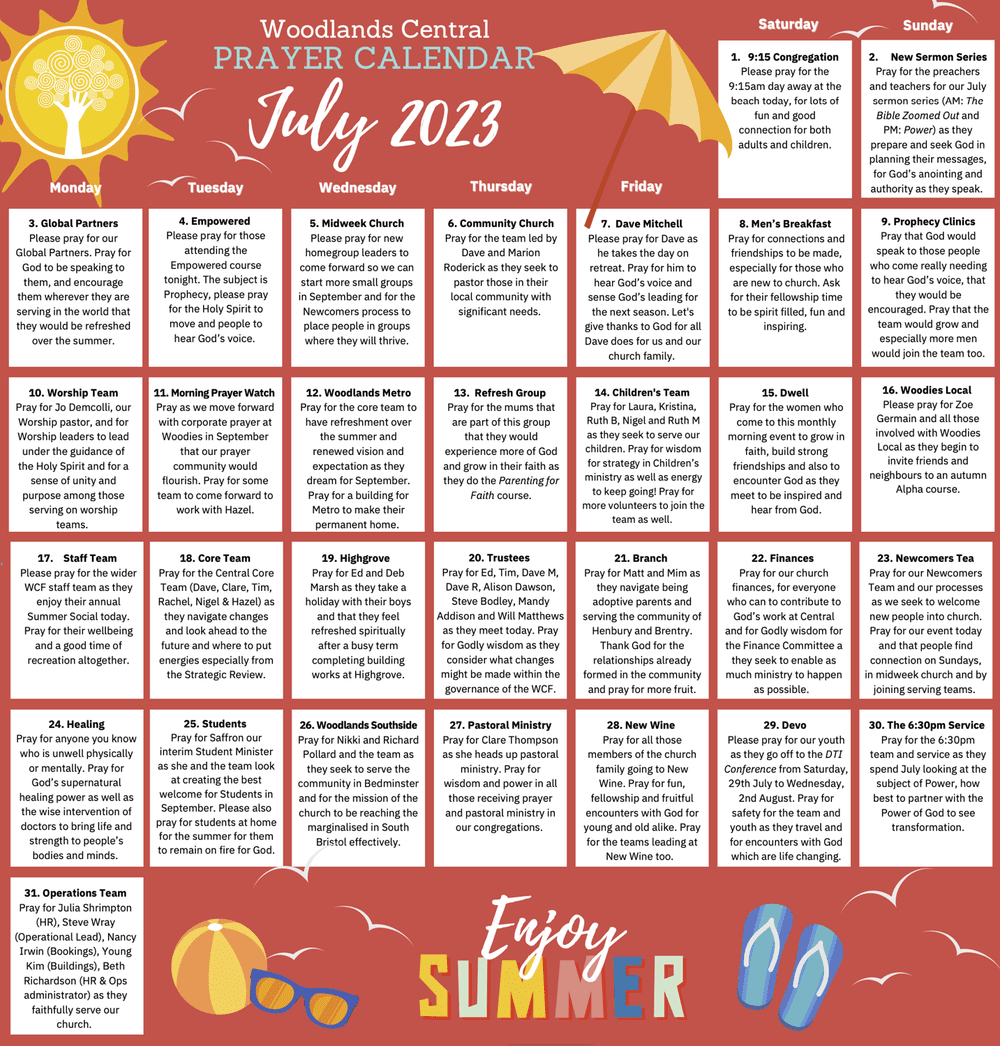 July Prayer Calendar — Woodlands Church