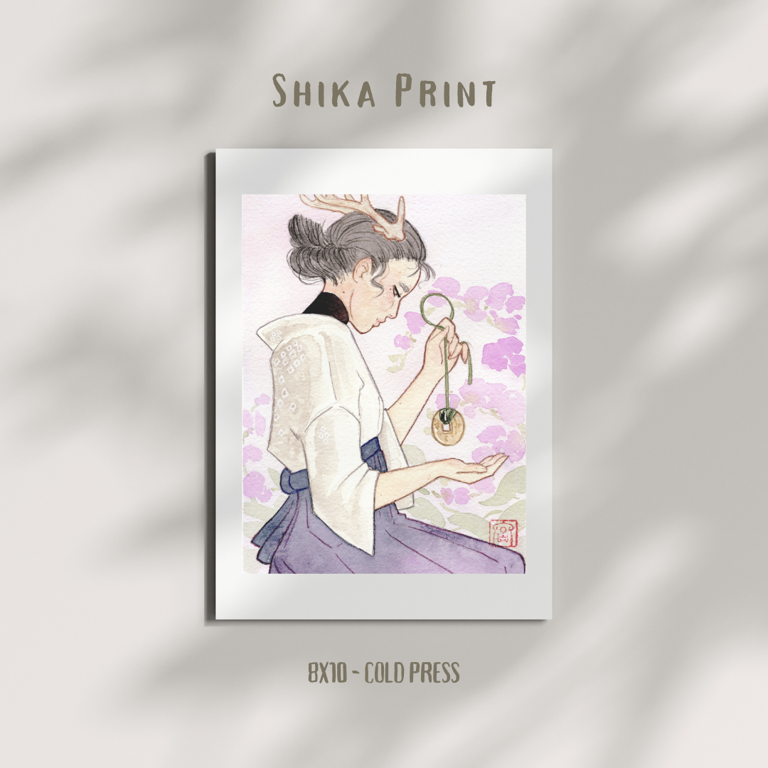"Shika/Page of Coins, from The Botan Tarot" Cold-press watercolor print — A Miyako M Illustrations