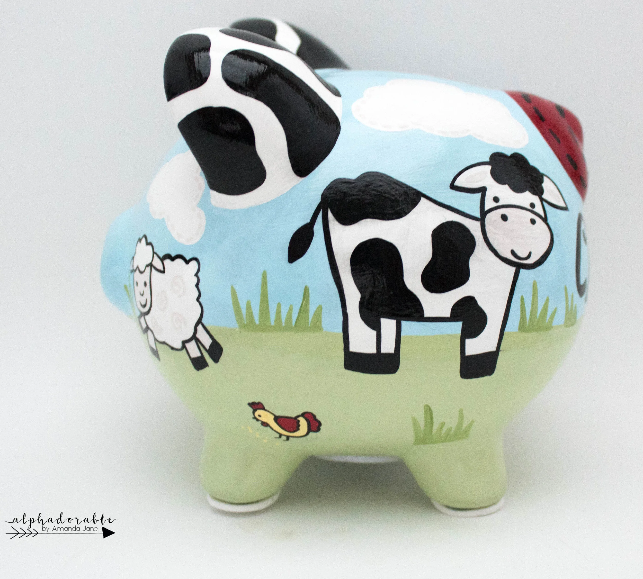 Farm themed piggy bank in green, blue, red and cow print — Alphadorable ...