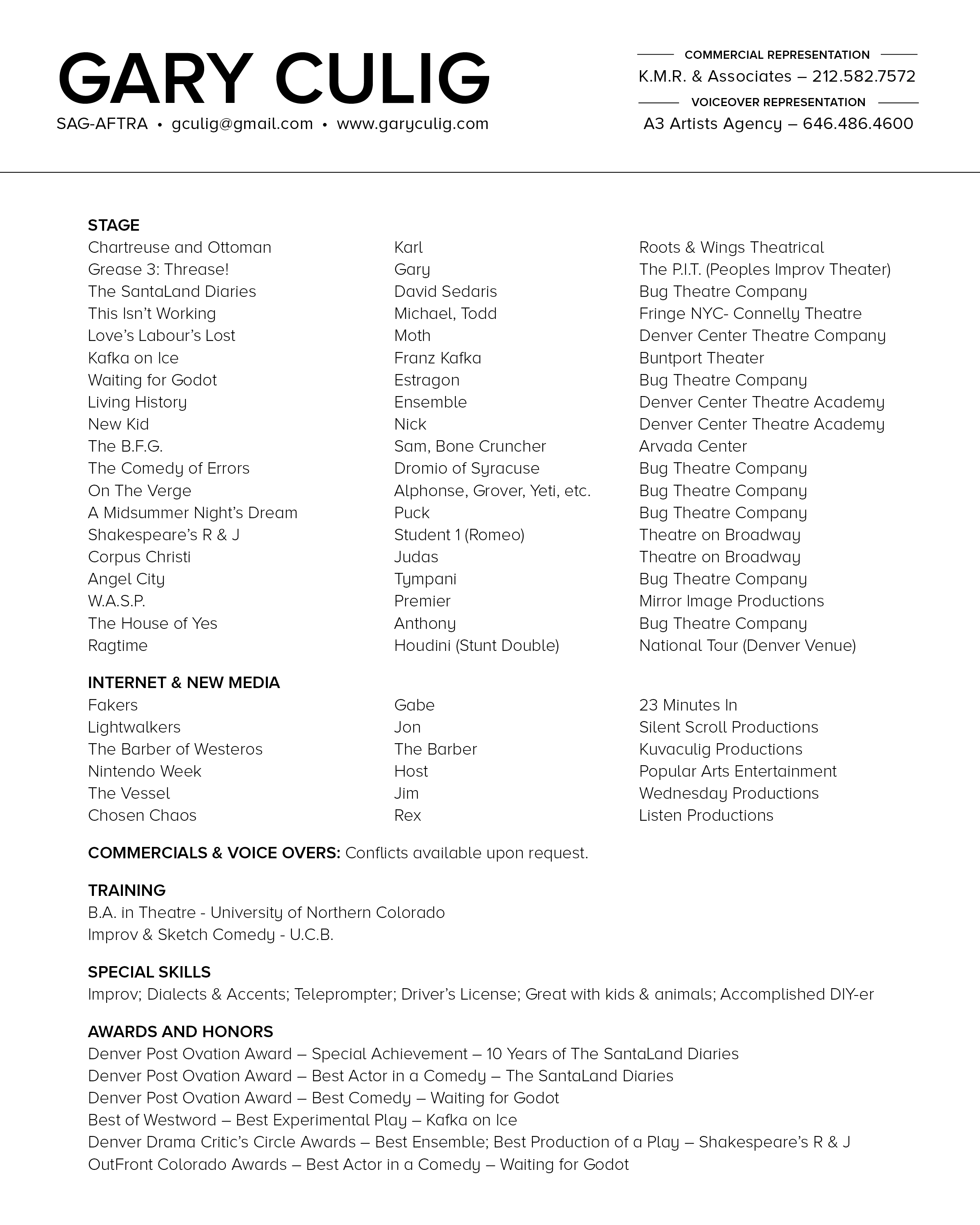 RESUME — GARY CULIG