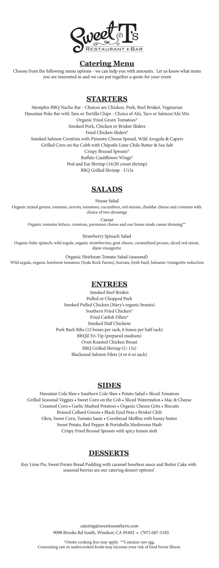 Catering Menu Photo — Sweet T's Restaurant + Bar