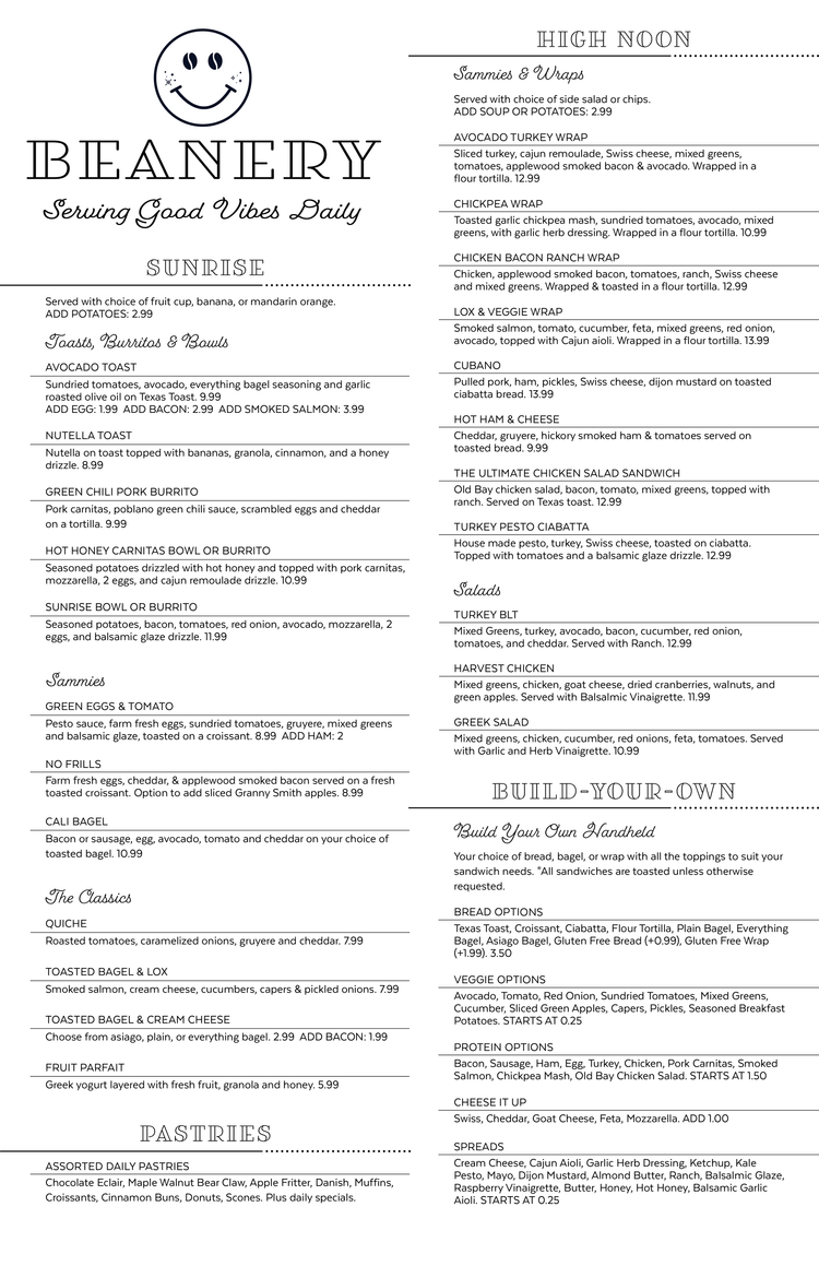 Our Menus — The Beanery