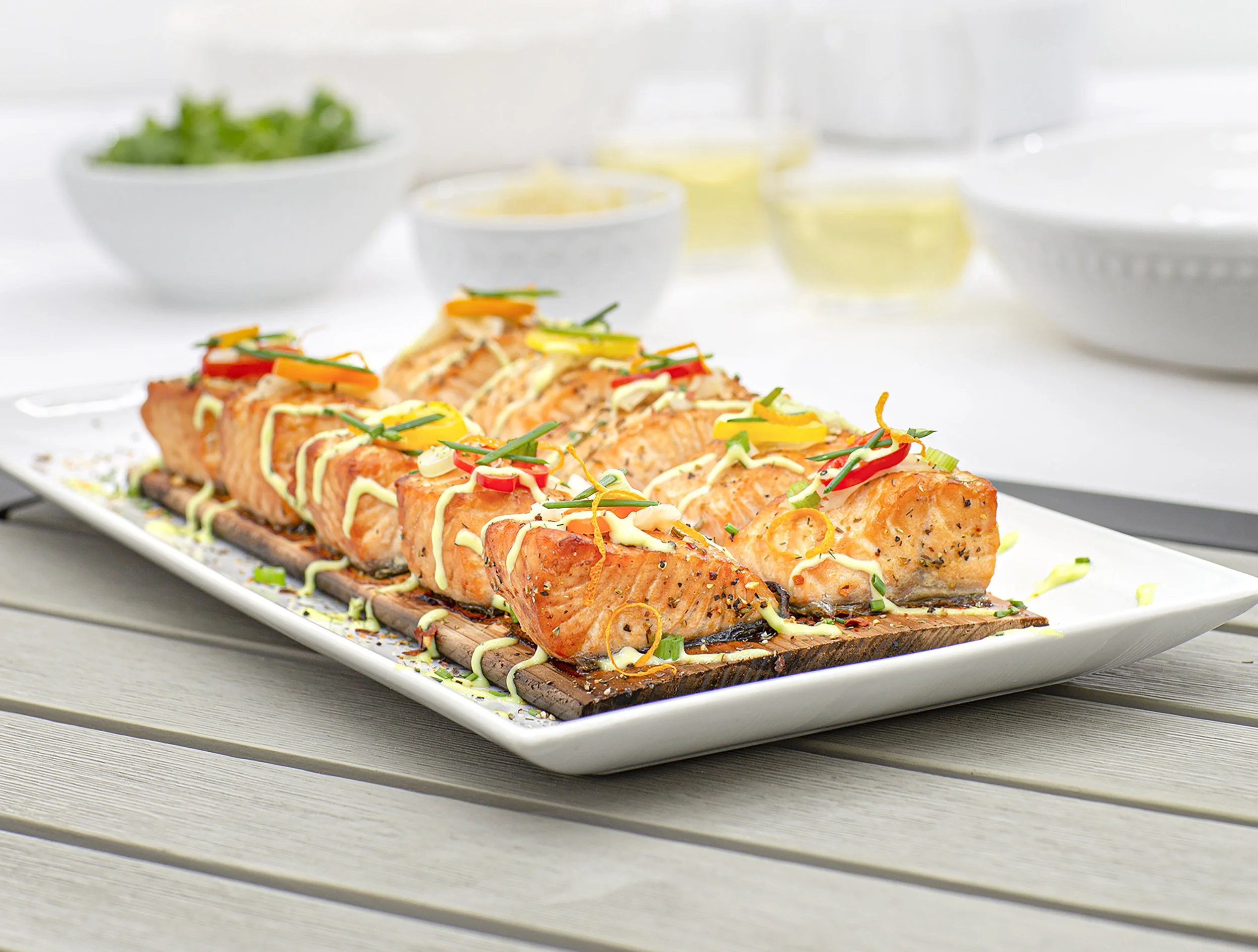 Big Green Egg Cedar-Planked Salmon Bon Bons with Mayo Ponzu Drizzle ...