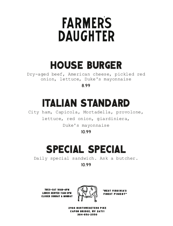 Menu — Farmer's Daughter