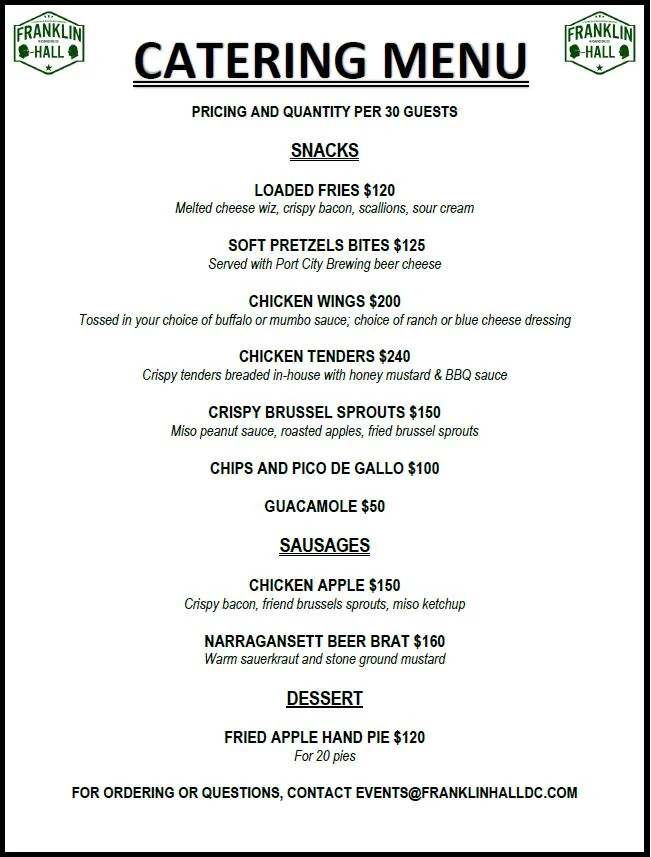 Catering Menu Franklin Hall American Beer Hall Washington D C 