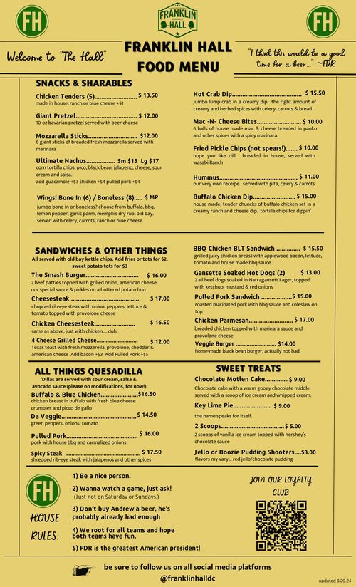 Food Menu — Franklin Hall | American Beer Hall | Washington, D.C.