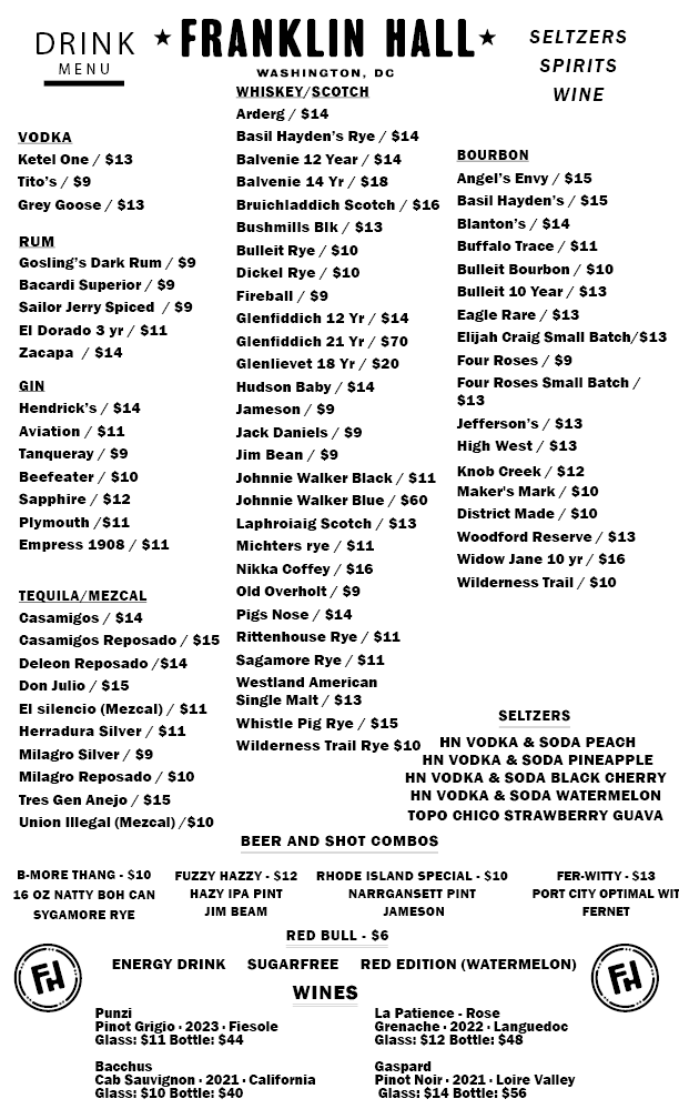 Liquor, Wine, Canned Cocktails — Franklin Hall | American Beer Hall ...