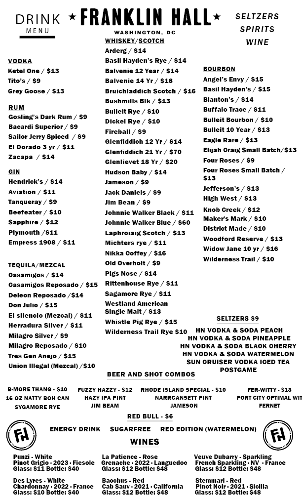 Liquor, Wine, Canned Cocktails — Franklin Hall | American Beer Hall ...