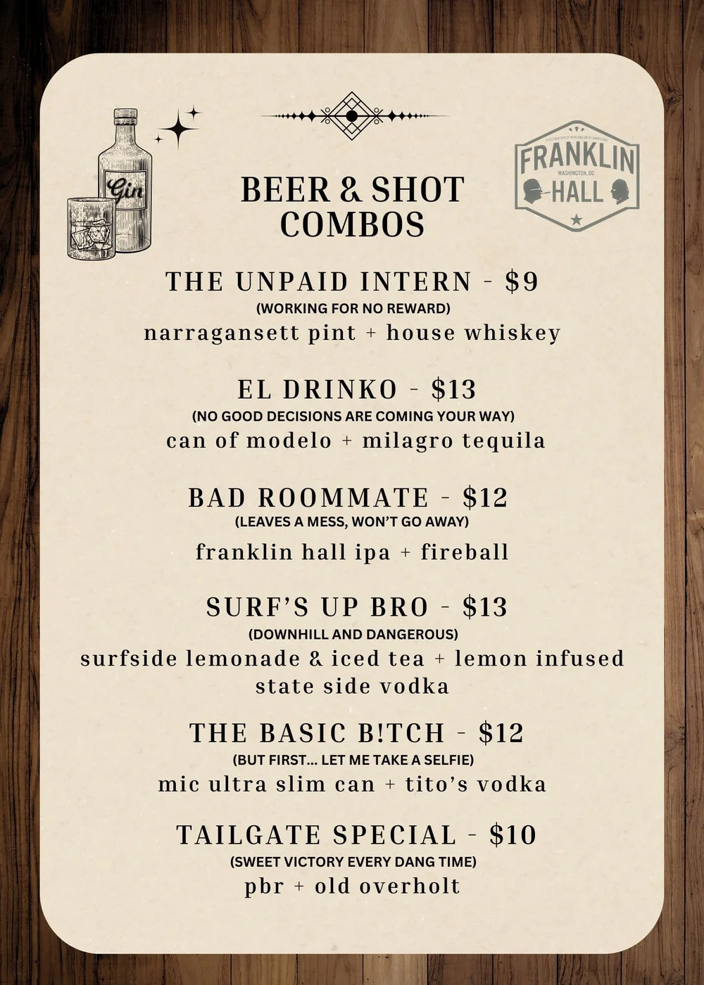 Beer & Shot Combos — Franklin Hall | American Beer Hall | Washington, D.C.