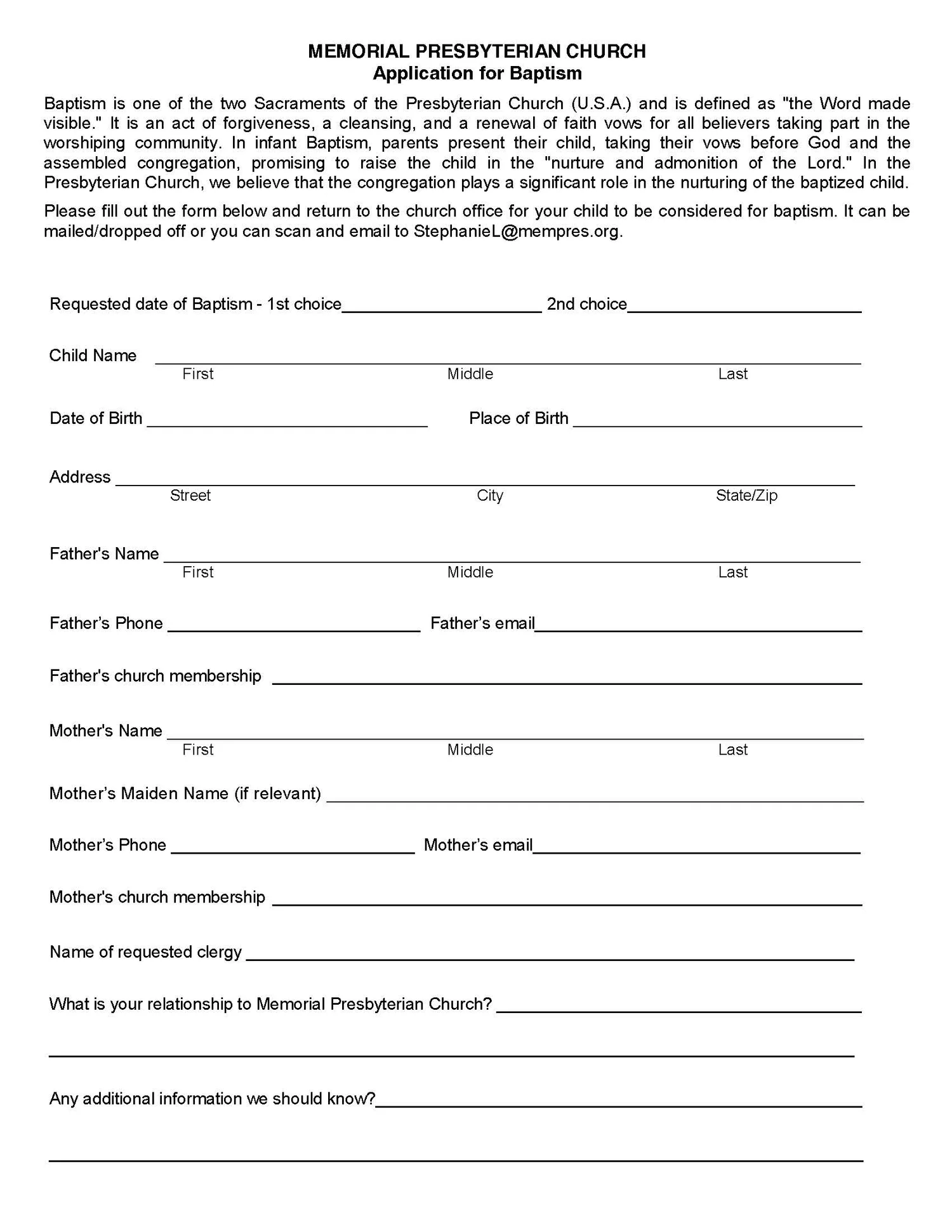 Applications & Forms — Memorial Presbyterian Church