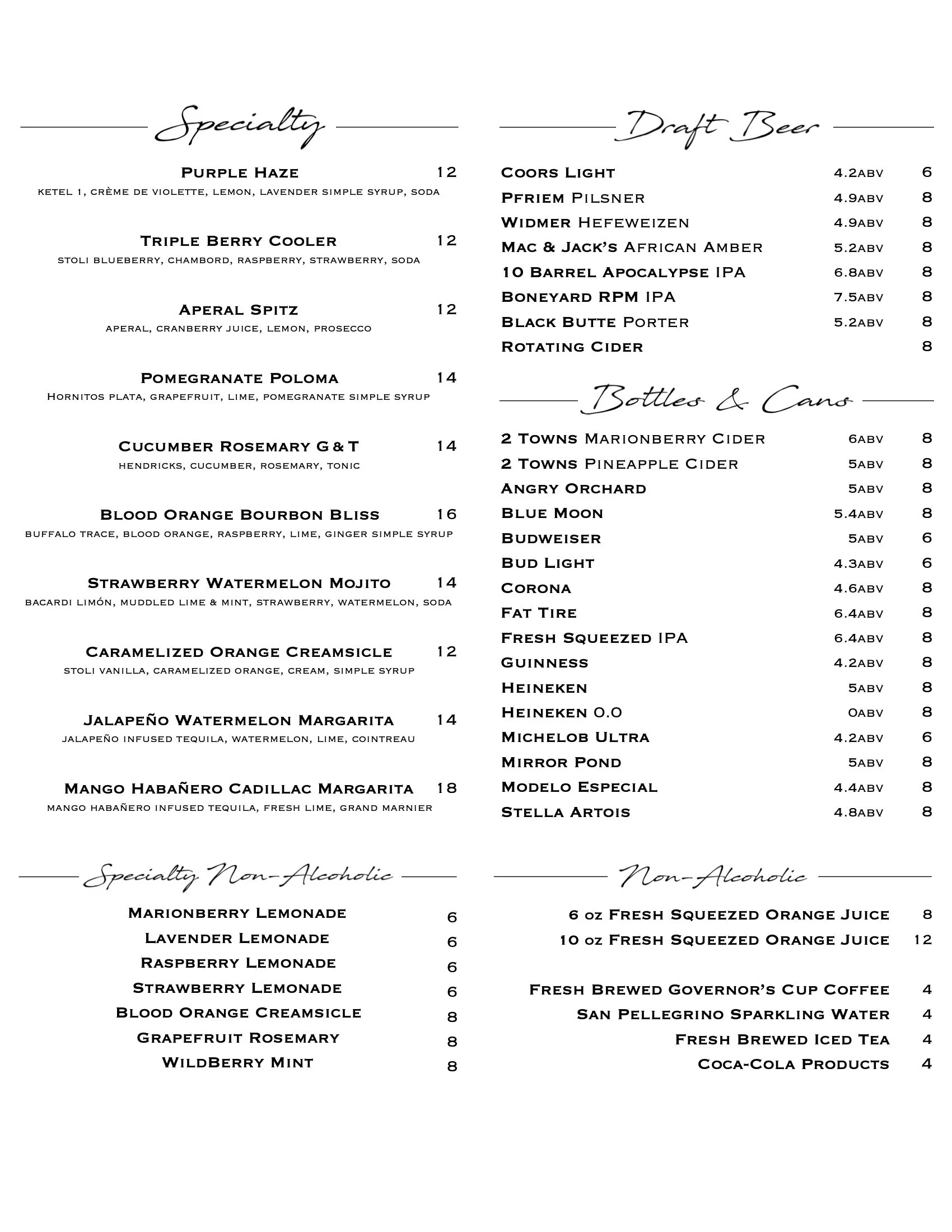 Liquor & Cocktail List — Rudy's Steakhouse