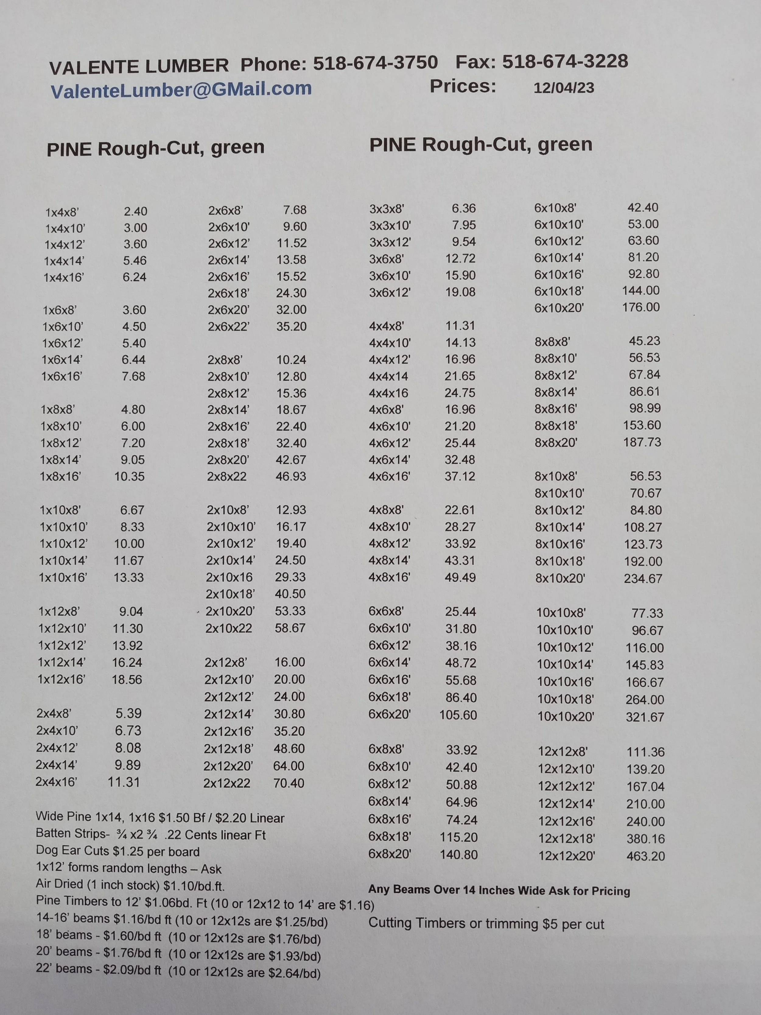 Price List — Valente Lumber