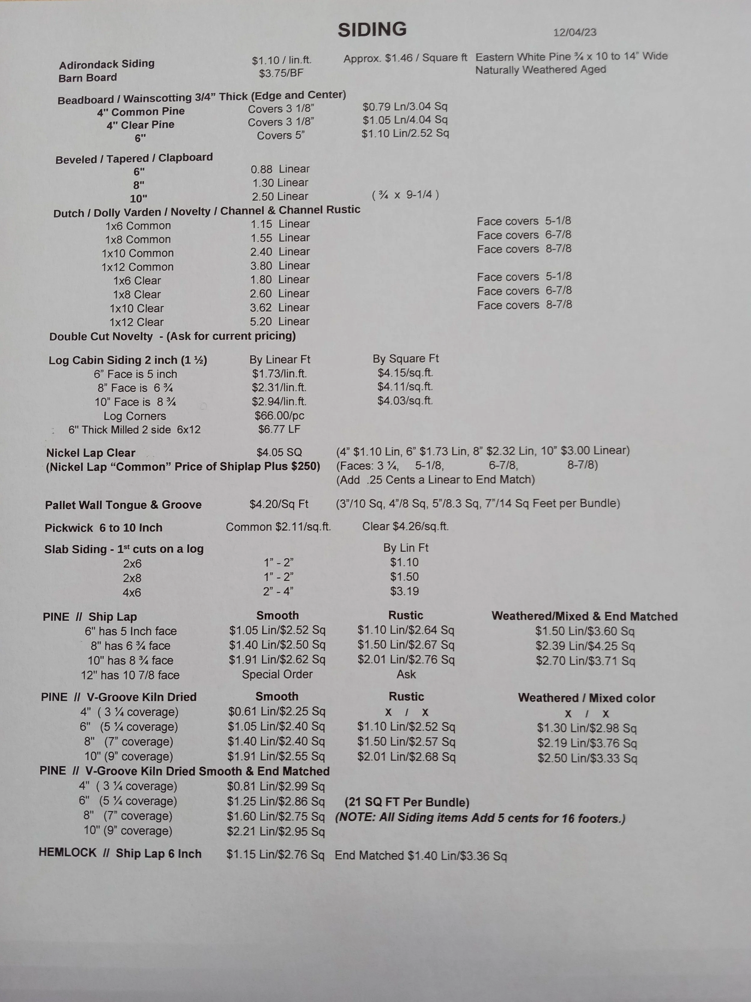 Price List — Valente Lumber