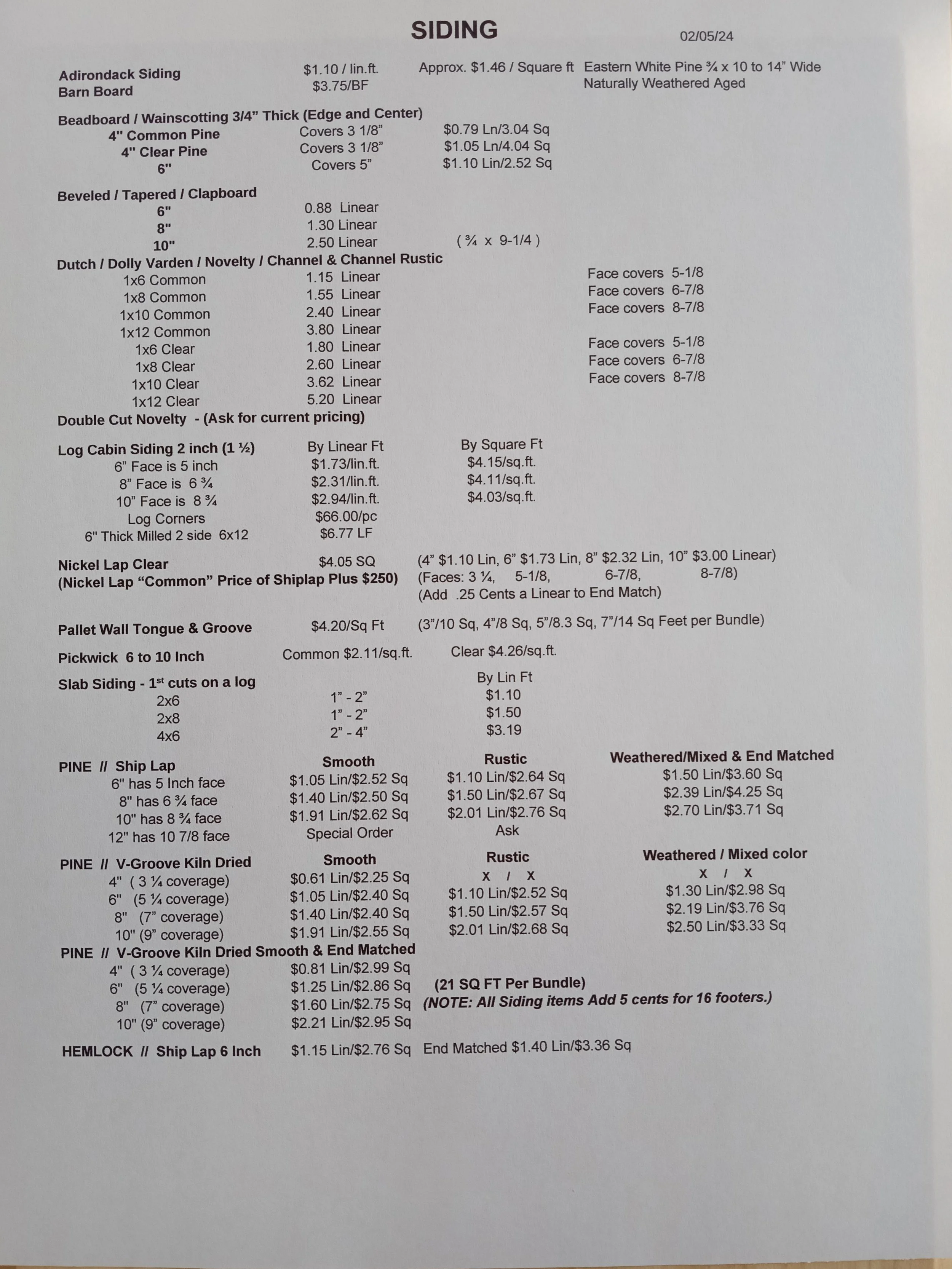 Price List — Valente Lumber
