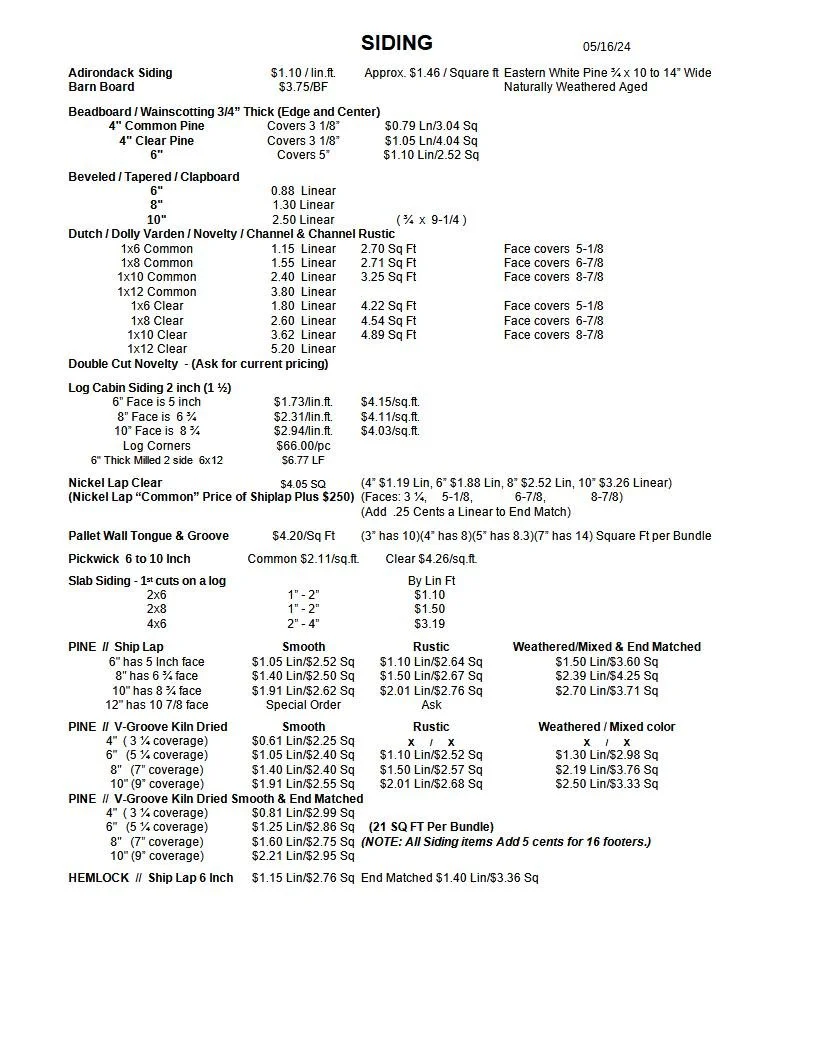 Price List — Valente Lumber