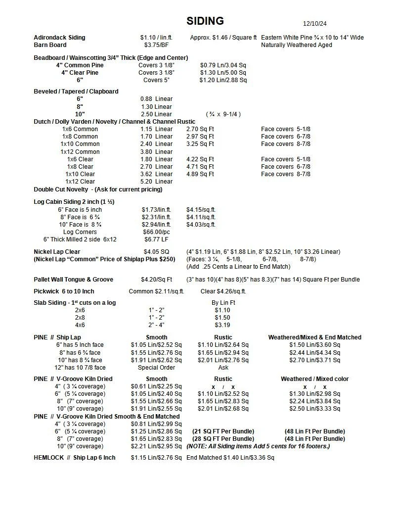 Price List — Valente Lumber