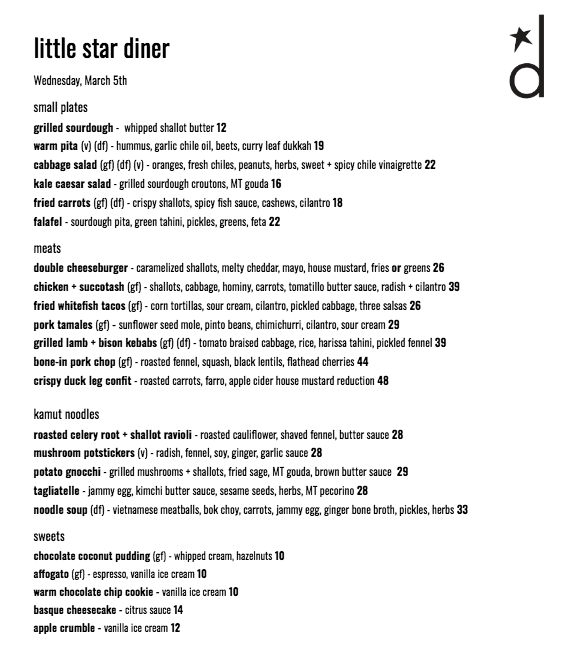 menu — little star diner