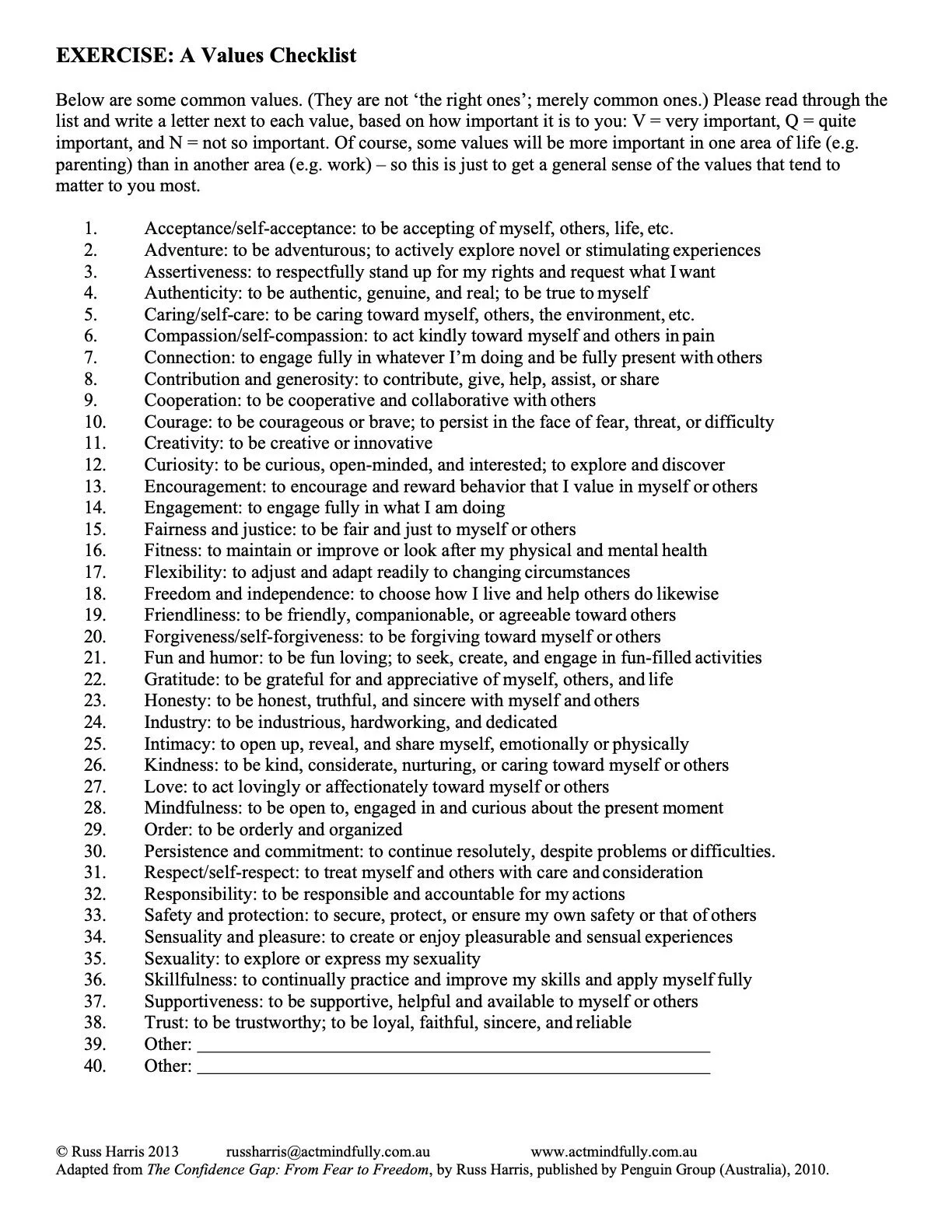 Values Checklist by Russ Harris