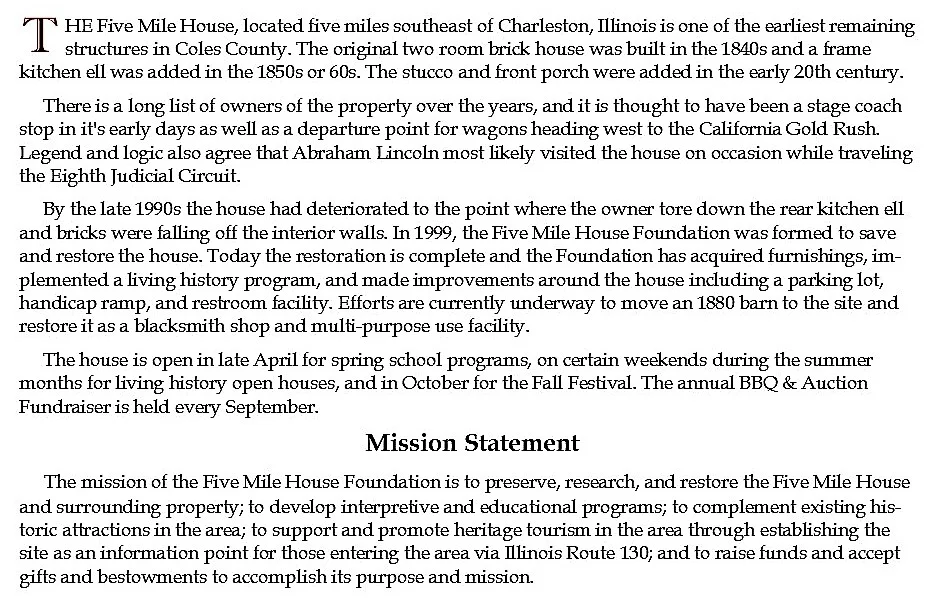 Introduction & Mission Statement — Five Mile House Introduction & Mission Statement — Five Mile House
