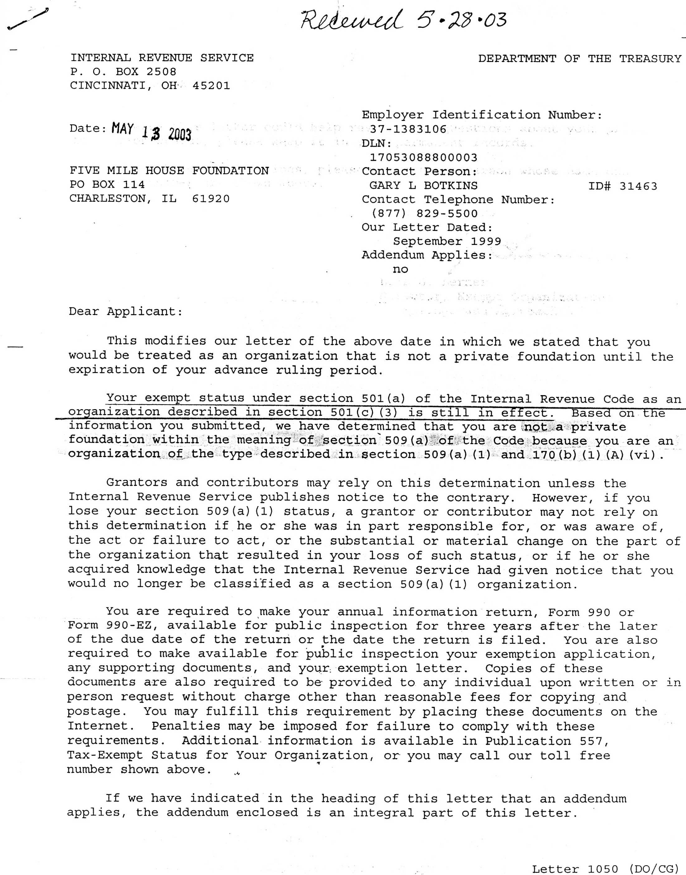 IRS Non Profit Determination Letter Five Mile House IRS Non Profit Determination Letter Five Mile House