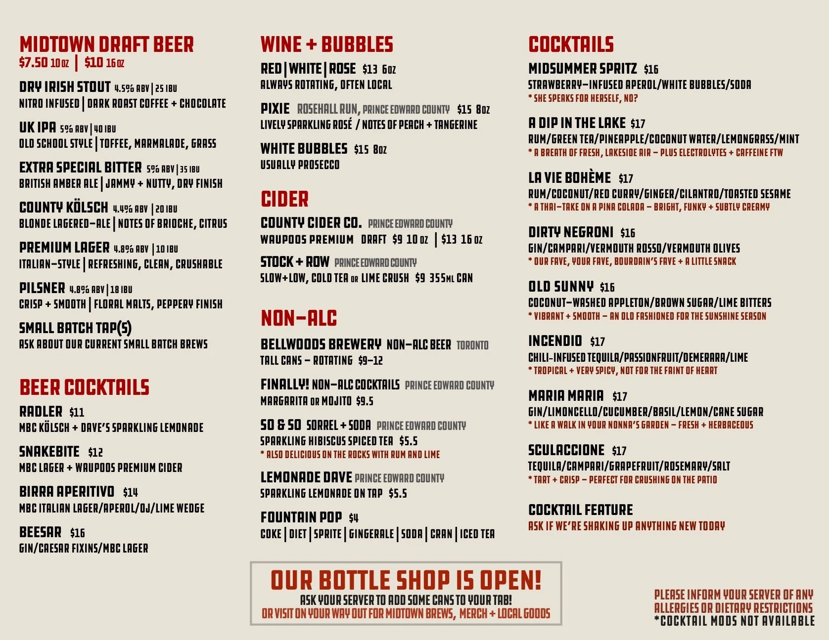 MENUS — Midtown Brewing Company - Prince Edward County