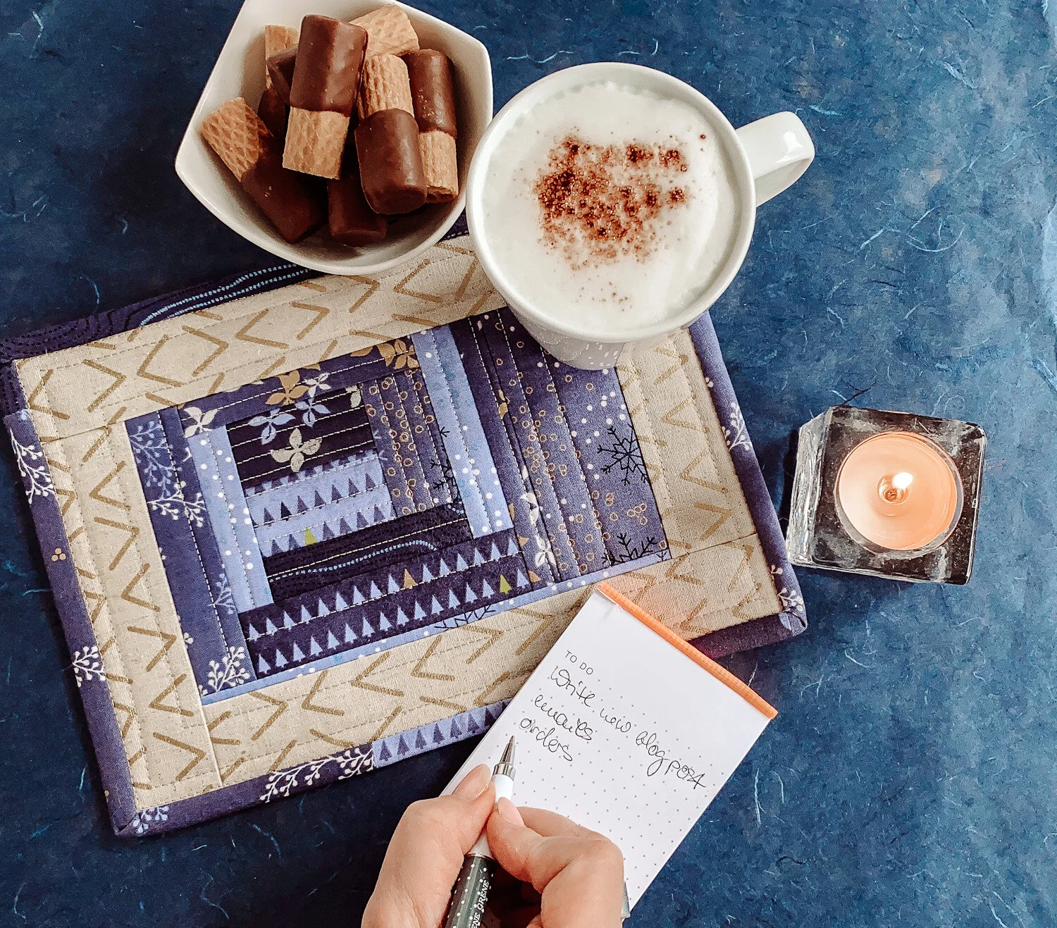 Make cozy Mug Rugs and Placemats from a Mochi Linen Quote Panel