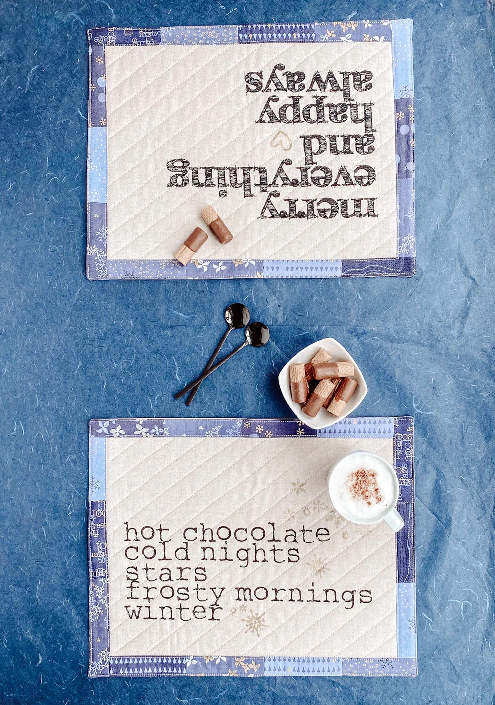 Make cozy Mug Rugs and Placemats from a Mochi Linen Quote Panel