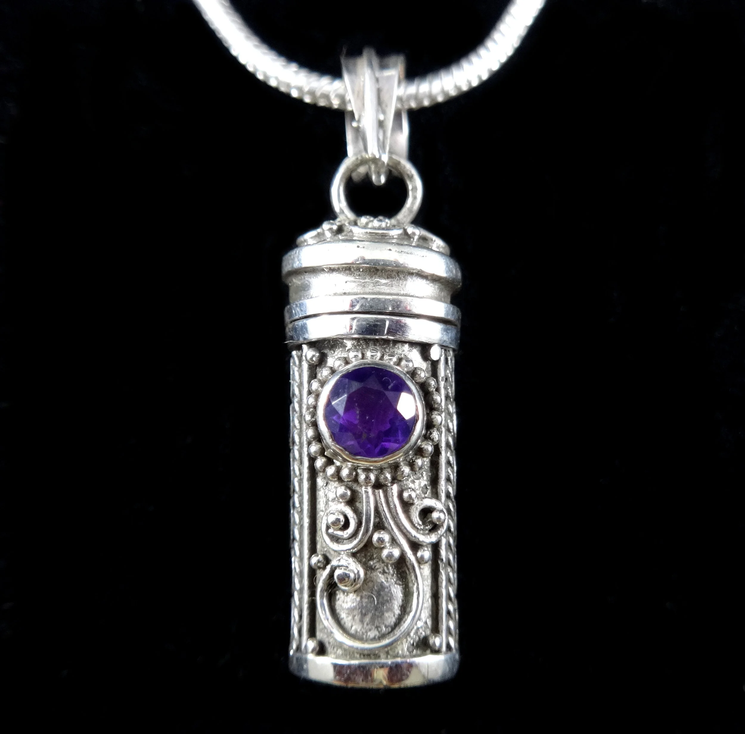 Sterling Silver Bali Poison Pill Box Pendant w/Faceted Amethyst ...