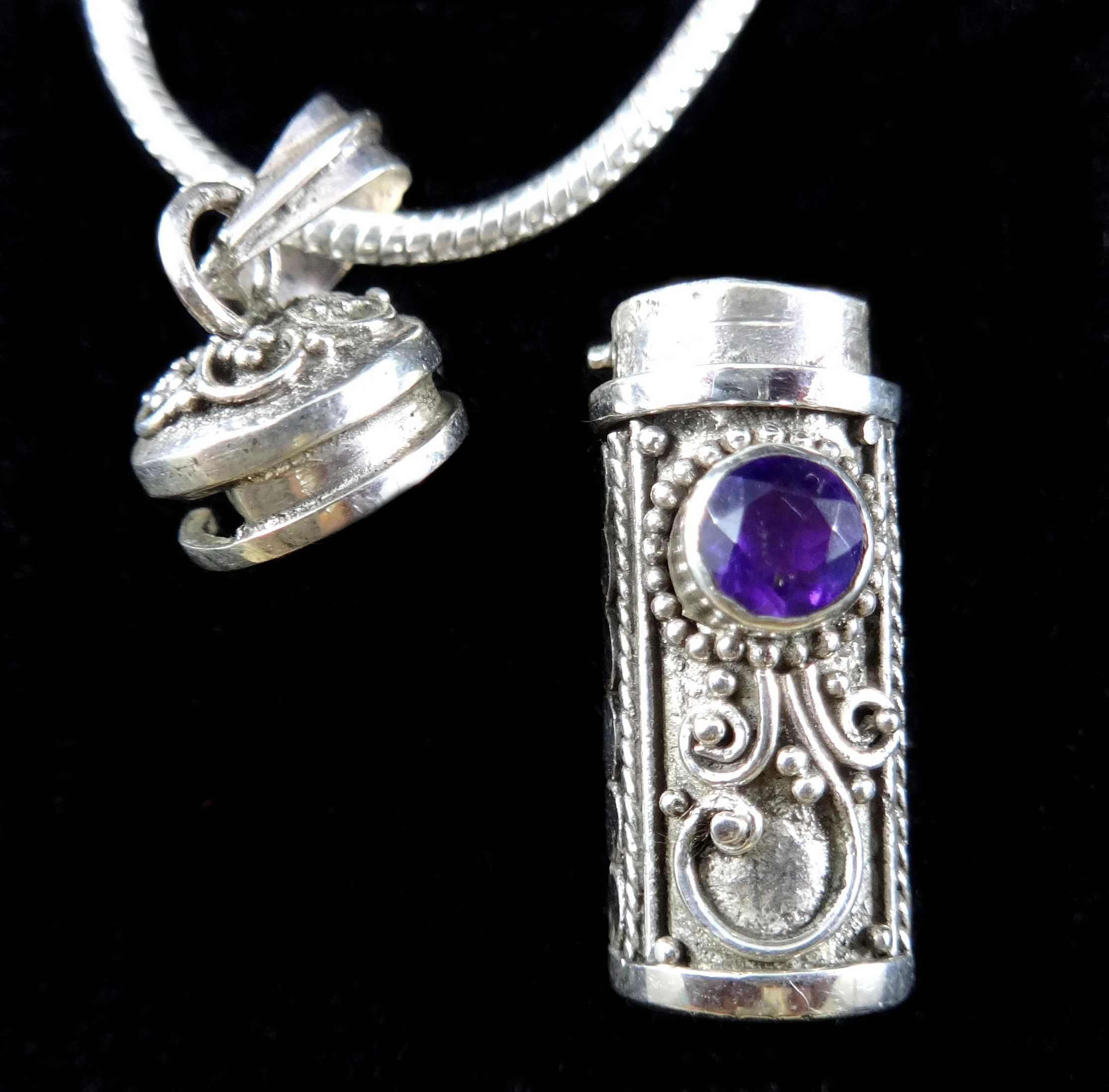 Sterling Silver Bali Poison Pill Box Pendant w/Faceted Amethyst ...