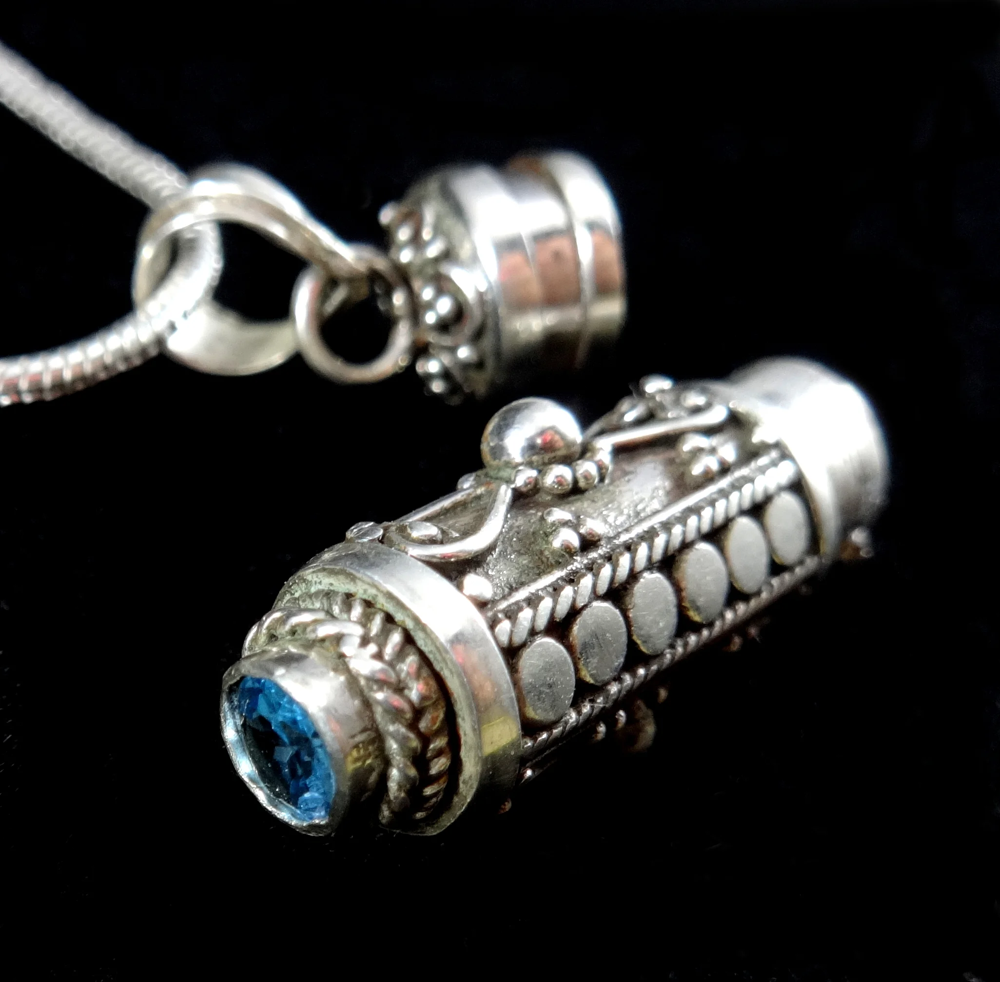 Sterling Silver Balinese Poison Pill Box Pendant w/Faceted Blue Topaz ...