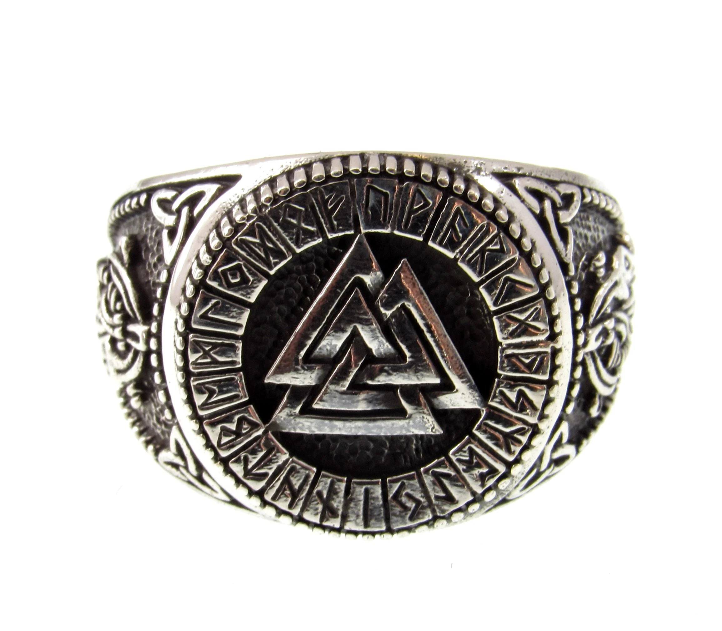 Sterling Silver Men's Valknut Ring with Runes & Jormungandr Knots ...