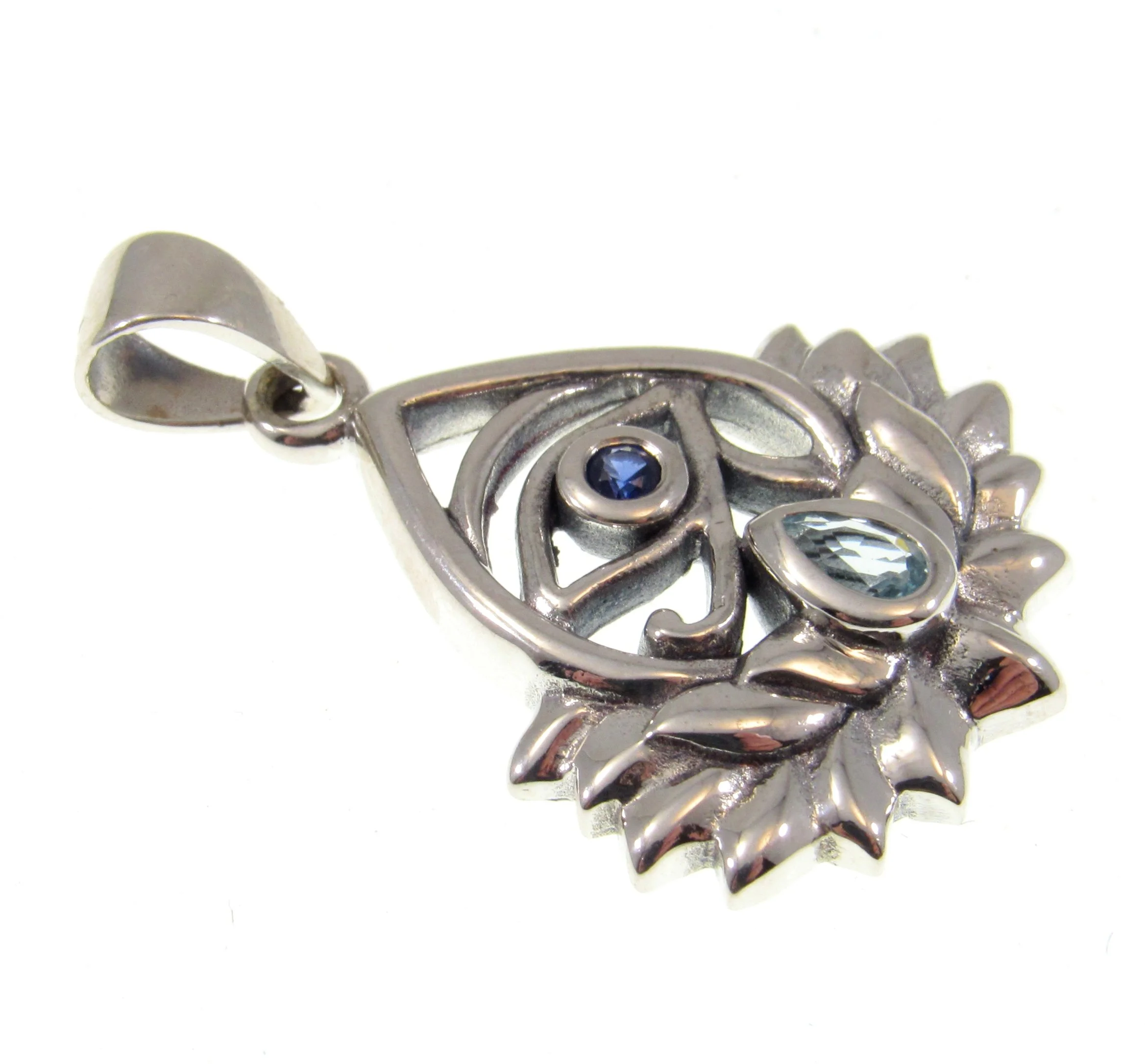 Sterling Silver Eye of Horus Lotus Flower Pendant w/ Blue Topaz ...