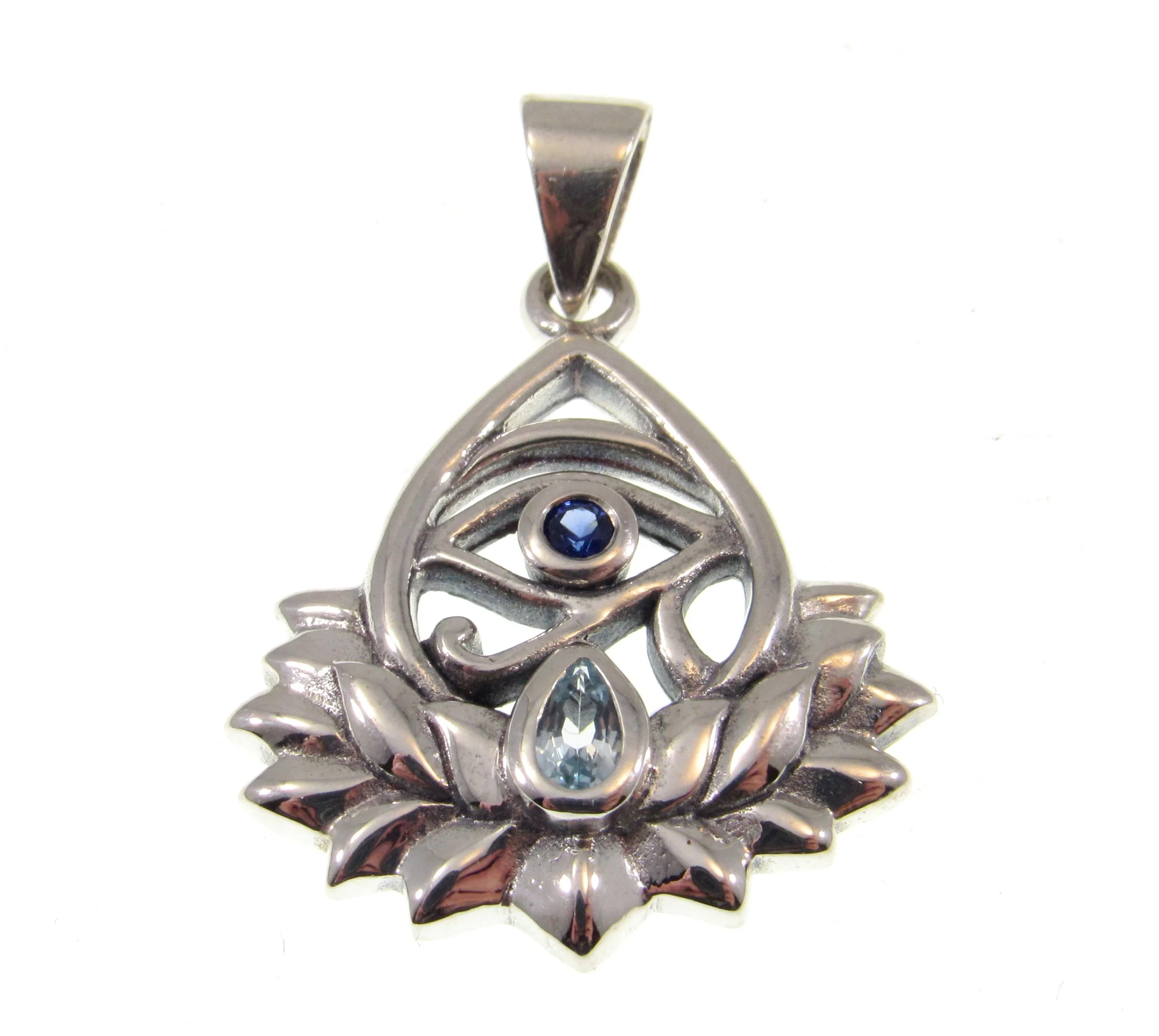 Sterling Silver Eye of Horus Lotus Flower Pendant w/ Blue Topaz ...