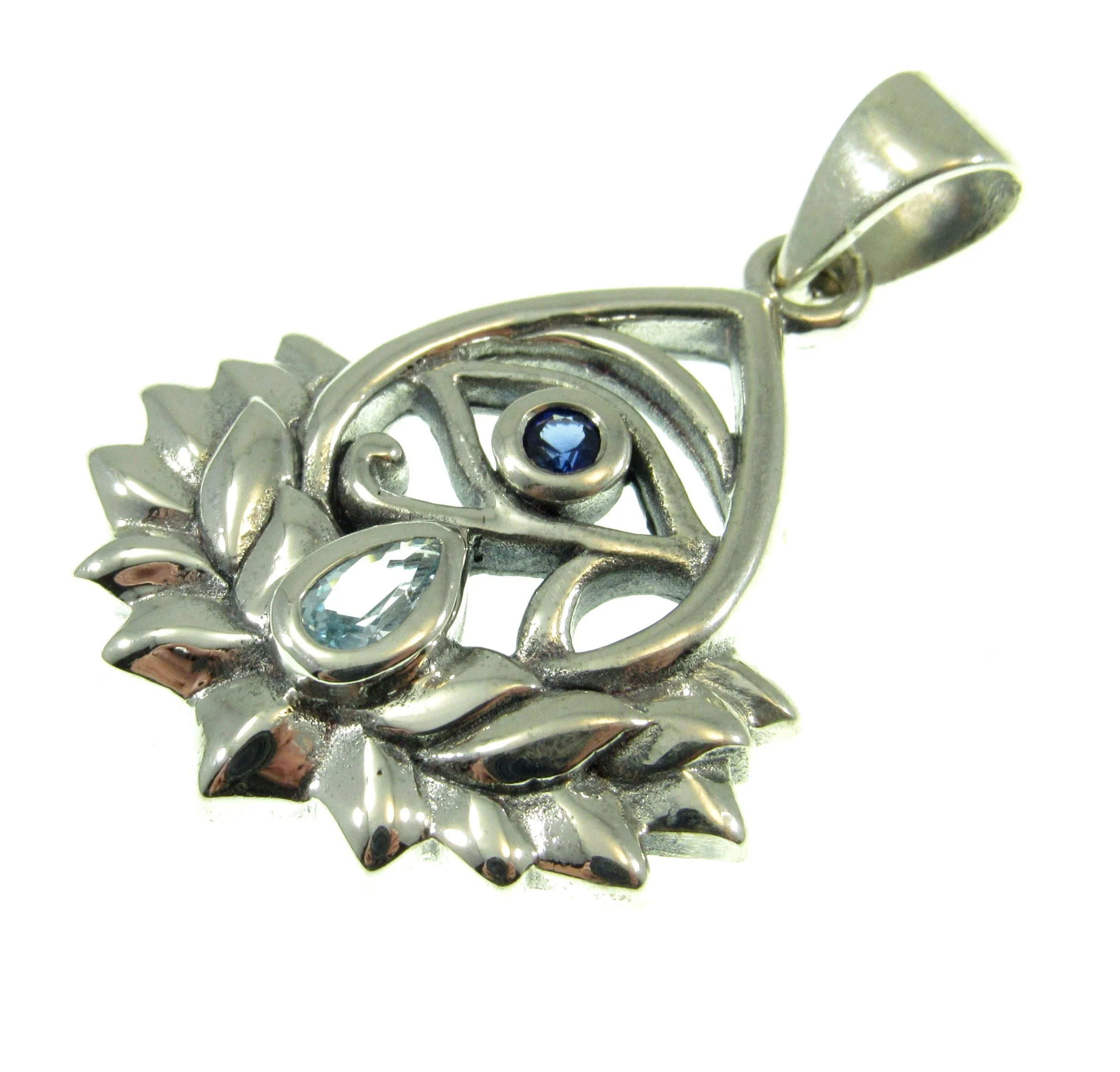 Sterling Silver Eye of Horus Lotus Flower Pendant w/ Blue Topaz ...