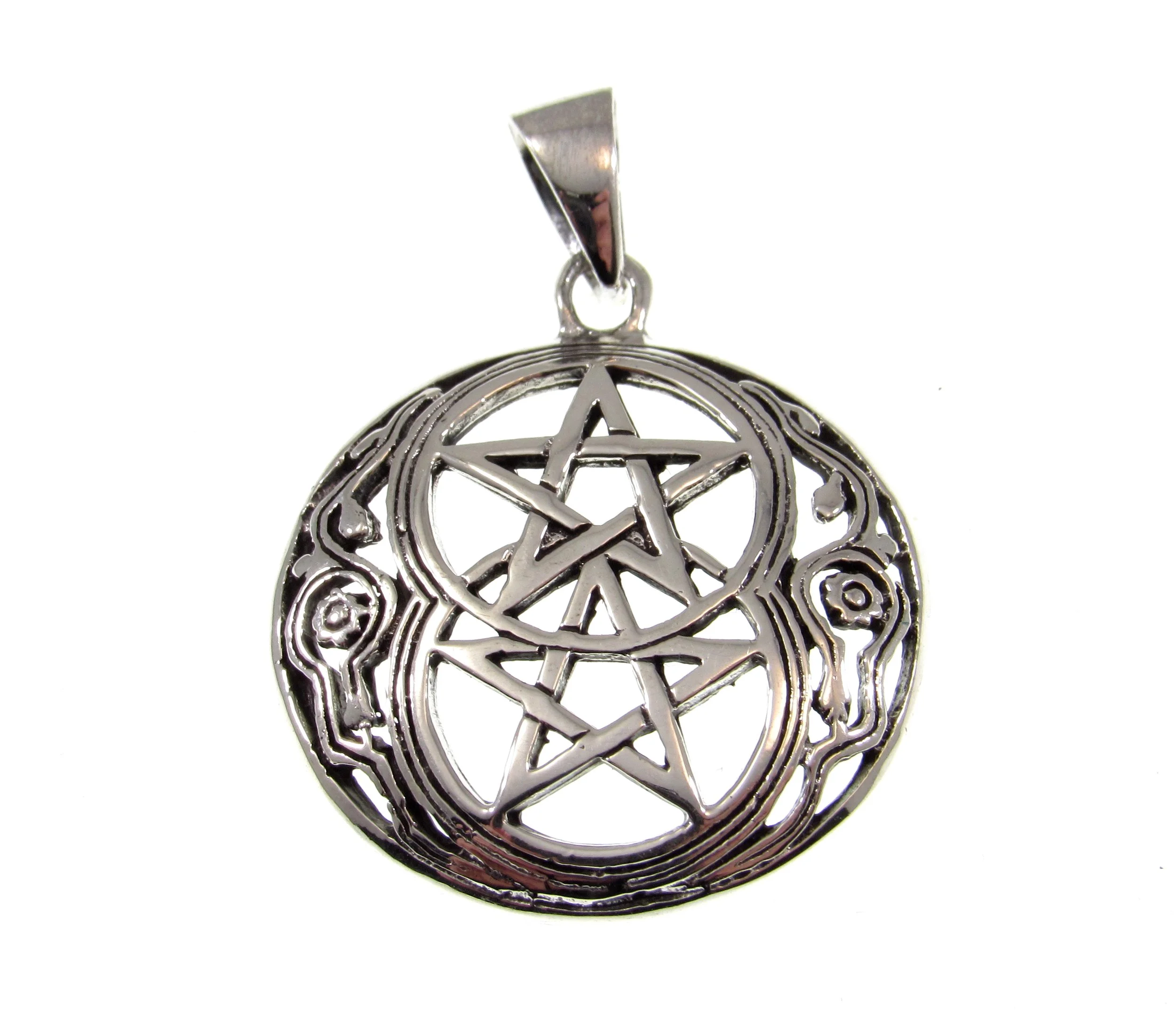 Solid 925 Sterling Silver Dual Star Double Pentagram Pendant with ...