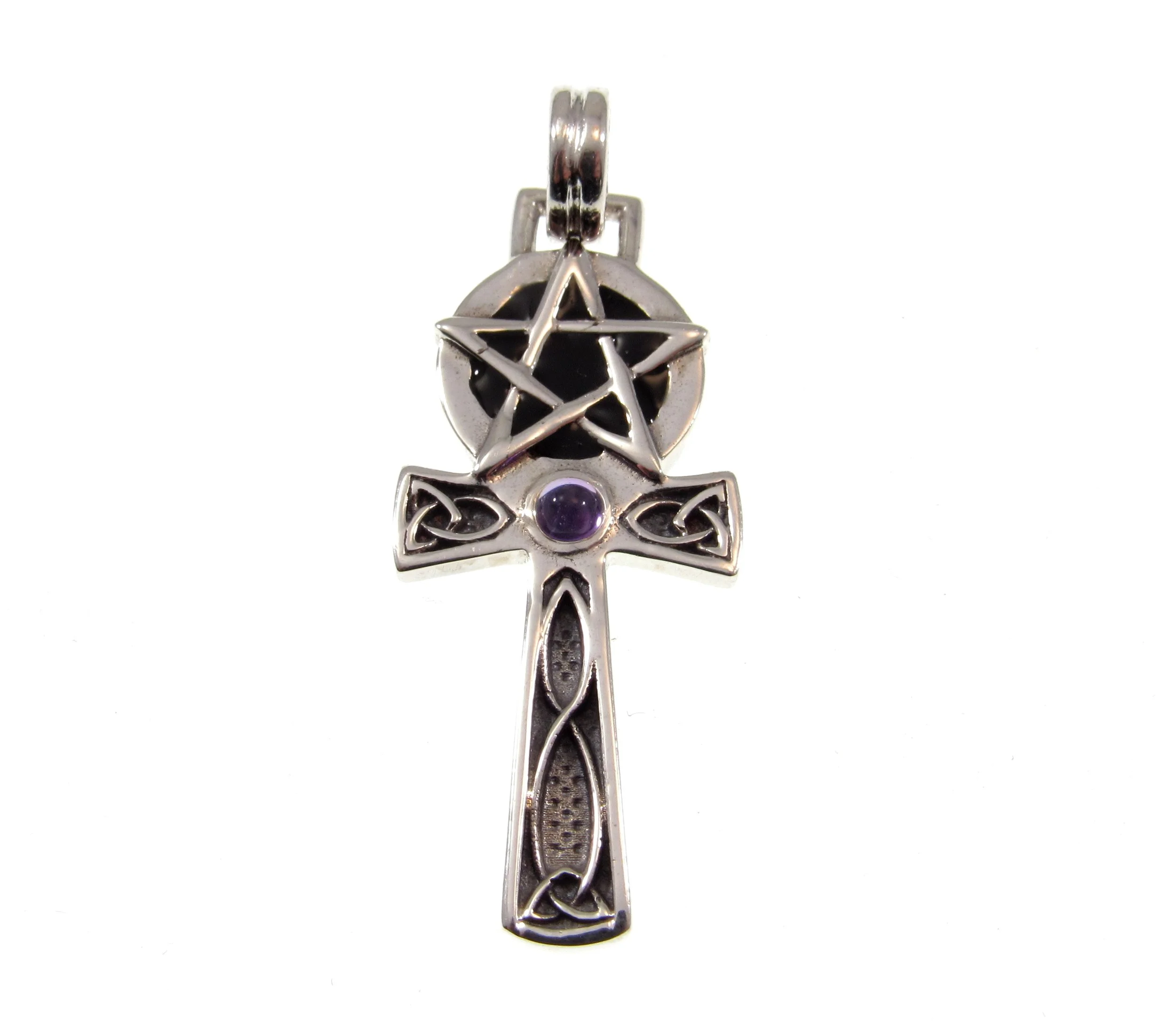 Sterling Silver Egyptian Ankh with Pentacle, Celtic Knots, and Gemstone ...