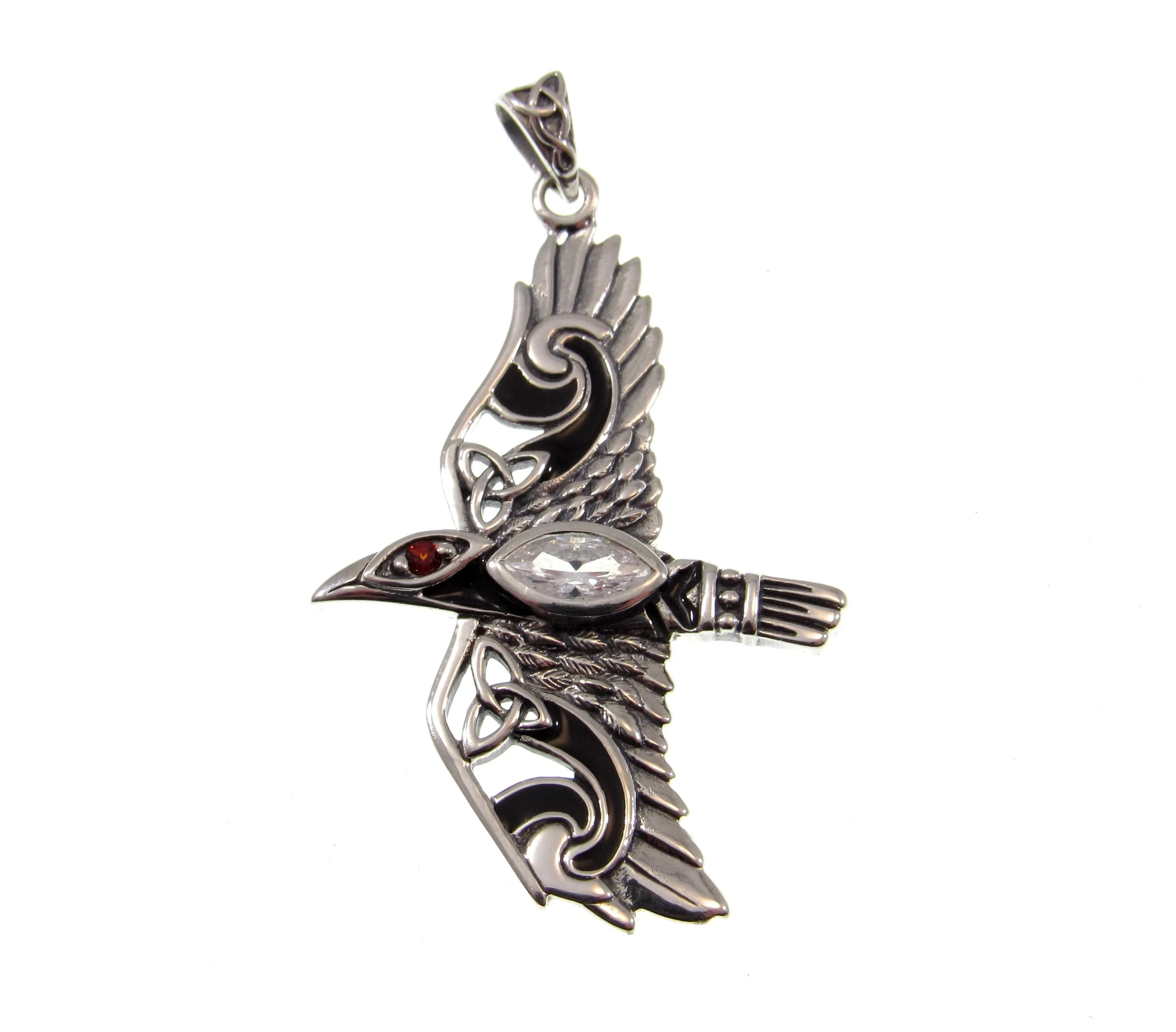Sterling Silver Mythical Raven in Flight Pendant with Faceted Gemstone ...