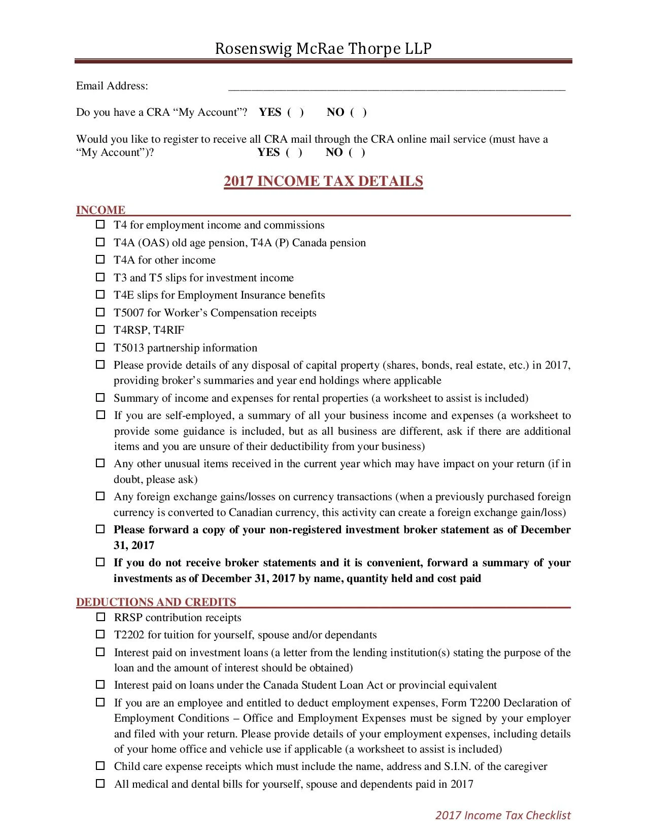 2017 Personal Income Tax Checklist — RMR Rosenswig McRae Rosso LLP