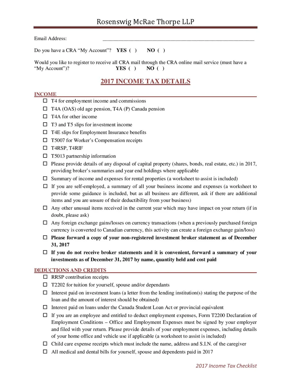 2017 Personal Income Tax Checklist — RMR Rosenswig McRae Rosso LLP