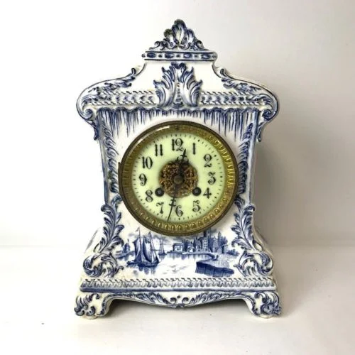Delf Porcelain Case Ad Mougin Deux Medailles Mantel Clock — Ardesh